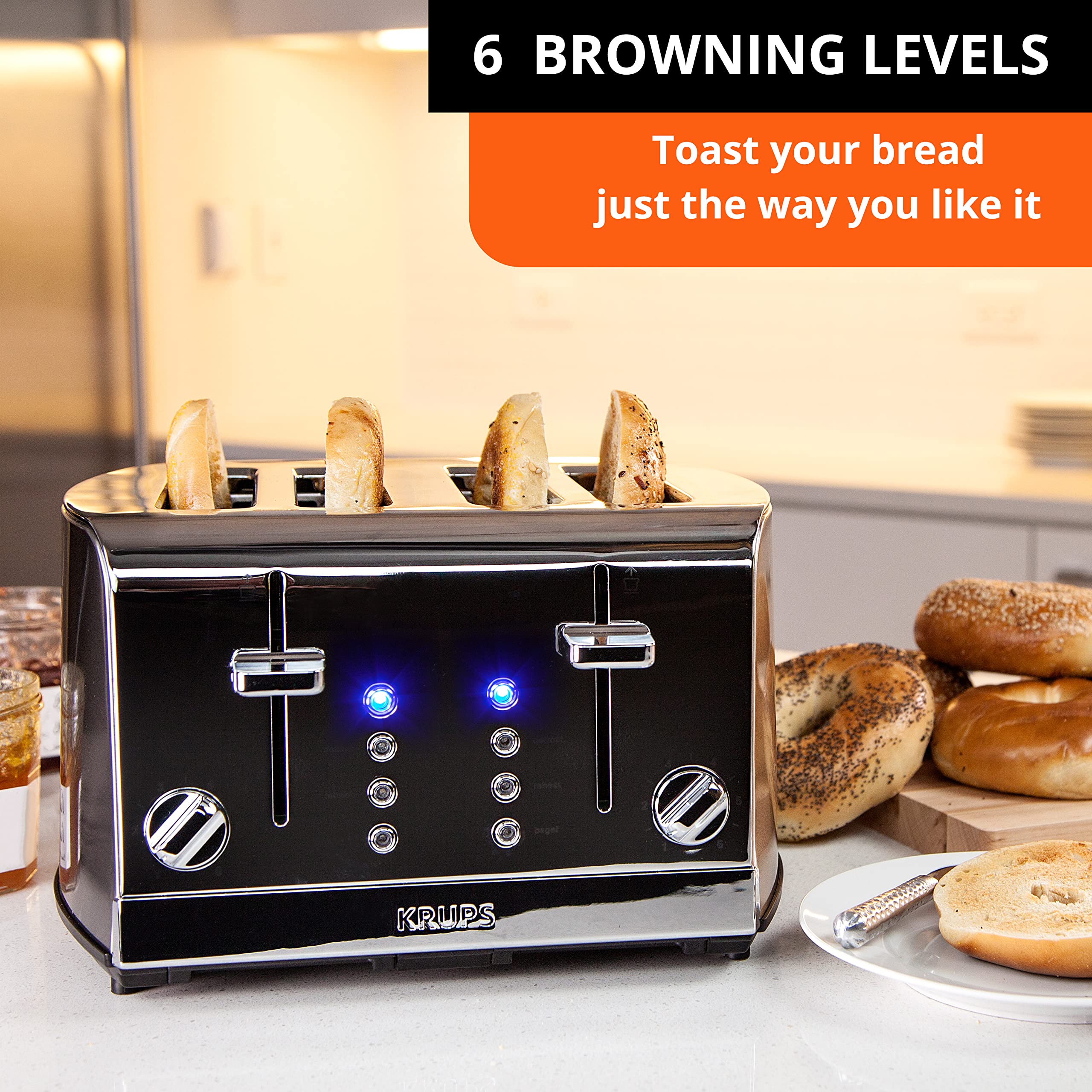 Krups Toaster Stainless Steel Toaster 4 Slice 4 Functions, Cancel, Bagel, Reheat, Defrost, 1500 watts 6 Shade Settings, Removable Crumb Tray