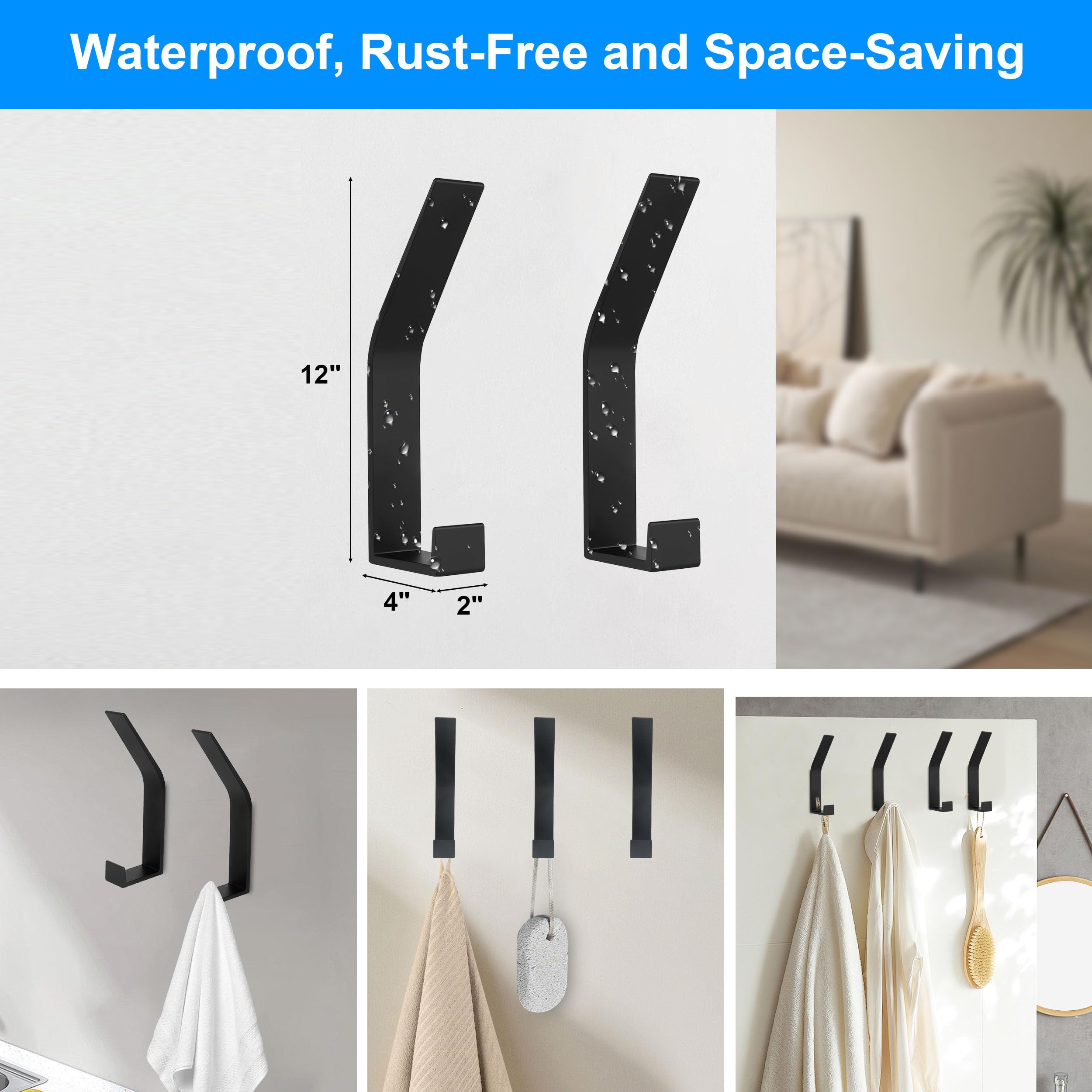 Zlylefun Coat Rack Hooks Wall Mounted, Black 4Packs, Bath Towel Rope Hooks for Kitchen, Door, Cabinet, Bathroom, Foyers, Hallways, and Bedrooms