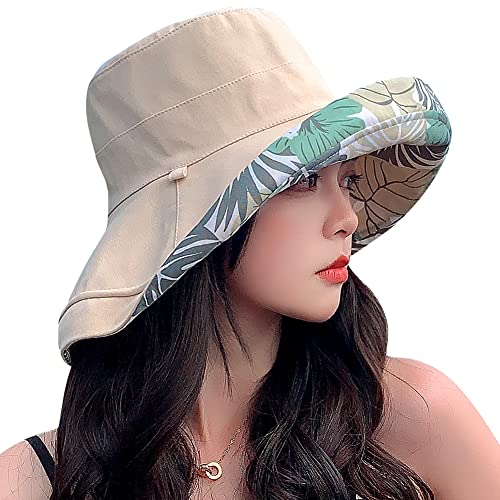 Reversible Floral Sun Hats UV Protection UPF Packable Wide Brim Chin Strap Women (Beige)