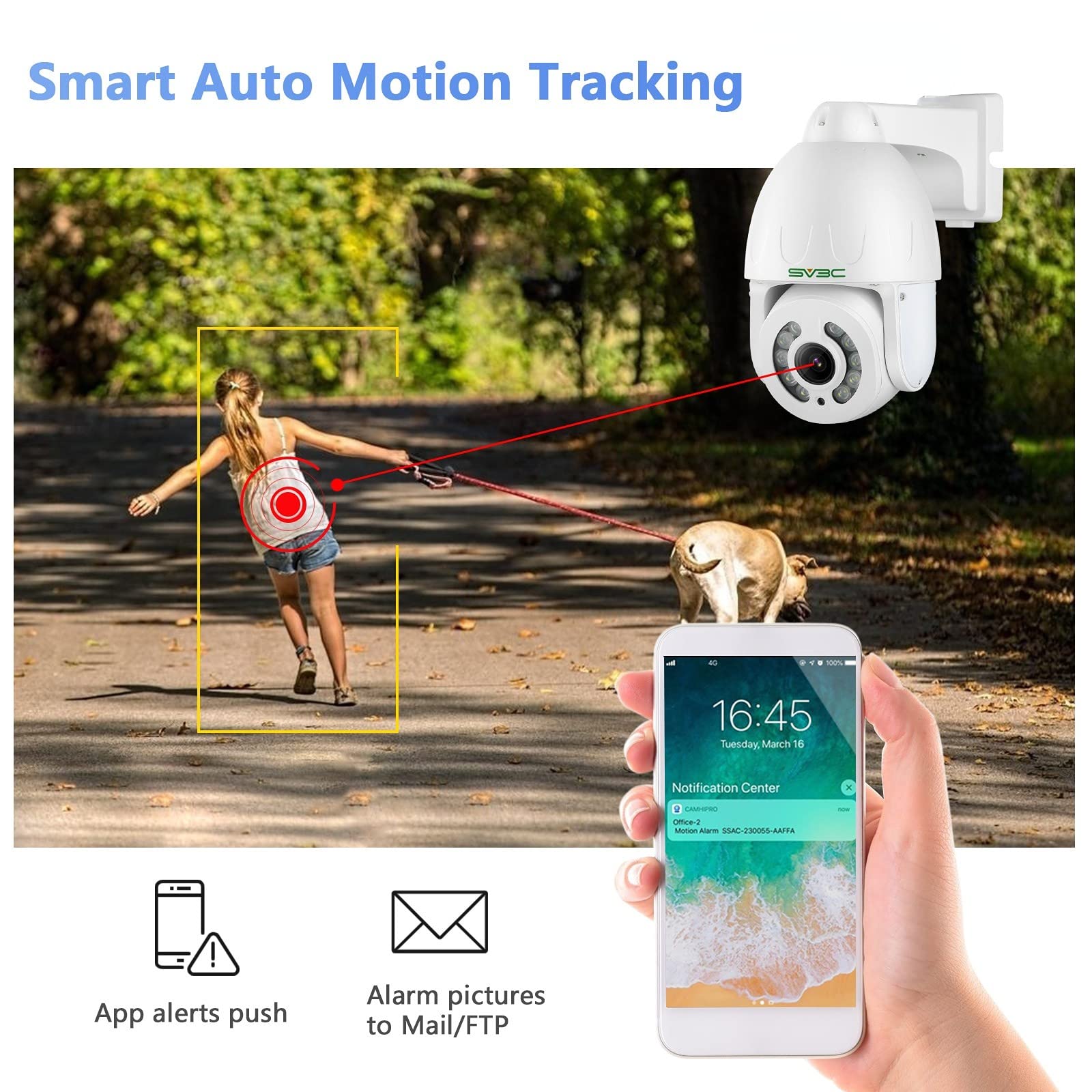 SV3C 5MP PTZ Outdoor Camera, ONVIF POE IP Home Security Camera, 5X Optical Zoom Auto Tracking, Super HD10 Spotlights Color Night Vision, Two Way Audio, Waterproof, Motion Detection, BuleIris, Camhipro