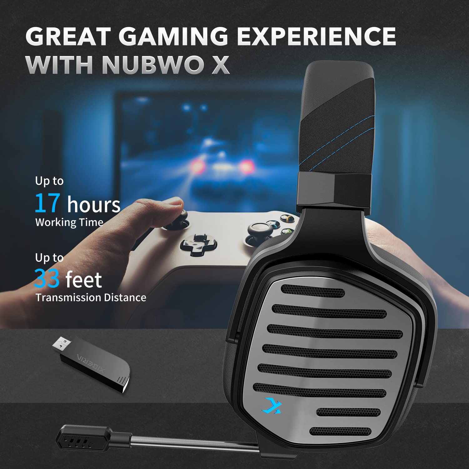 NUBWO X Wireless Gaming Headset with Microphone for PS5, PS4, PC, Mac, Gamer Headphones wit Mic, 2.4GHz Wireless for Playstation Console, Wired Mode for Controller