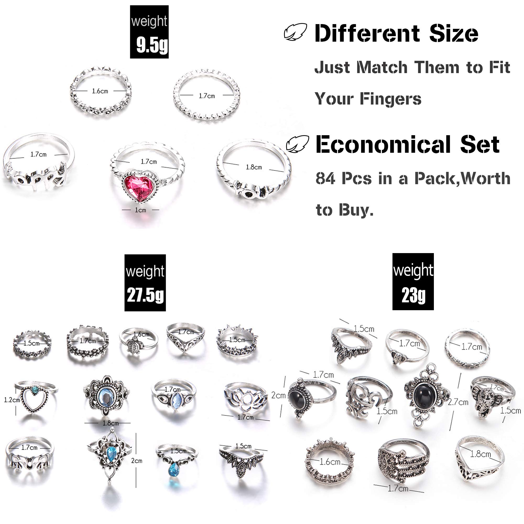 LOLIAS 84 Pcs Vintage Knuckle Ring Set for Women Stackable Rings Set Hollow Carved Flowers (D:84 Pcs a Set)