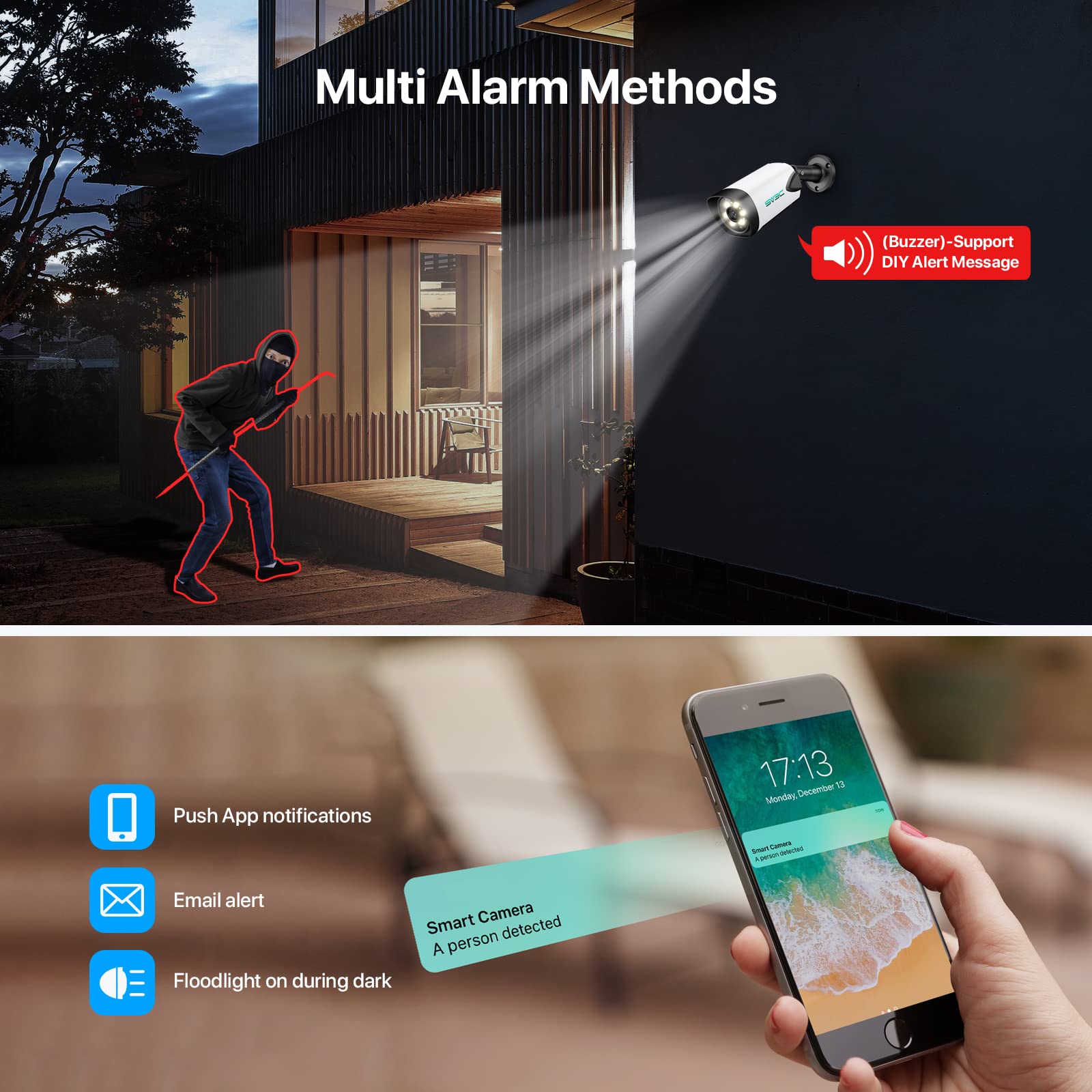 SV3C PTZ Security Camera Outdoor, Smart Motion Detection, IP66 Waterprood, Max Support 128gb SD Card, Color Night Vision, Two Way Audio