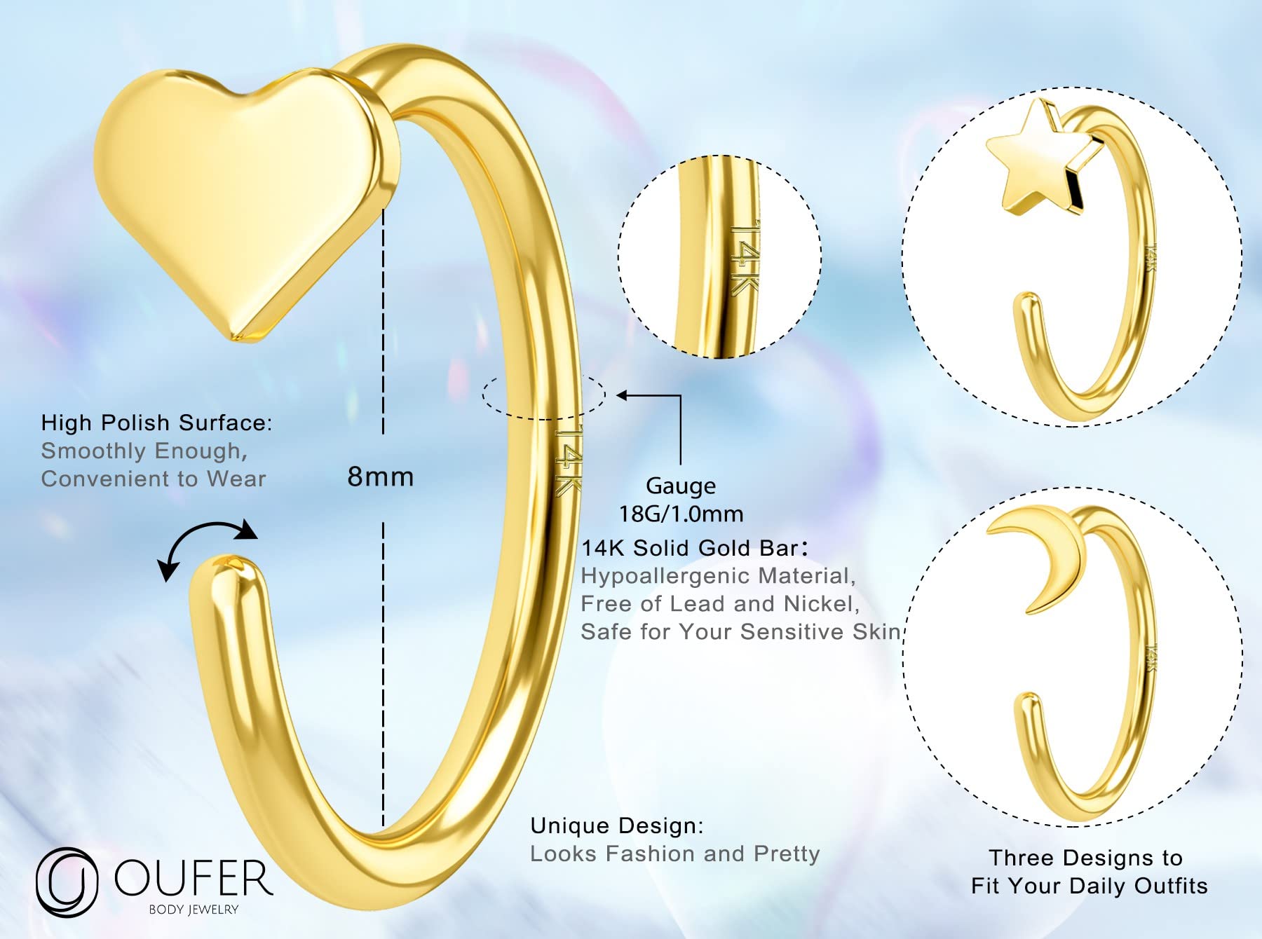 OUFER 18G Nose Ring Hoop, 14K Solid Gold Star Design Cartilage Earrings, Nose Piercing Jewelry for Women and Men