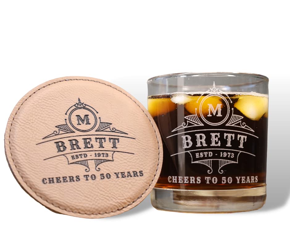 Personalized Whiskey Glass with Matching Custom Coaster - Custom Engraved Whiskey Glasses for Men 50th Birthday Gift for Whiskey Drinker Personalized Bar Accessories