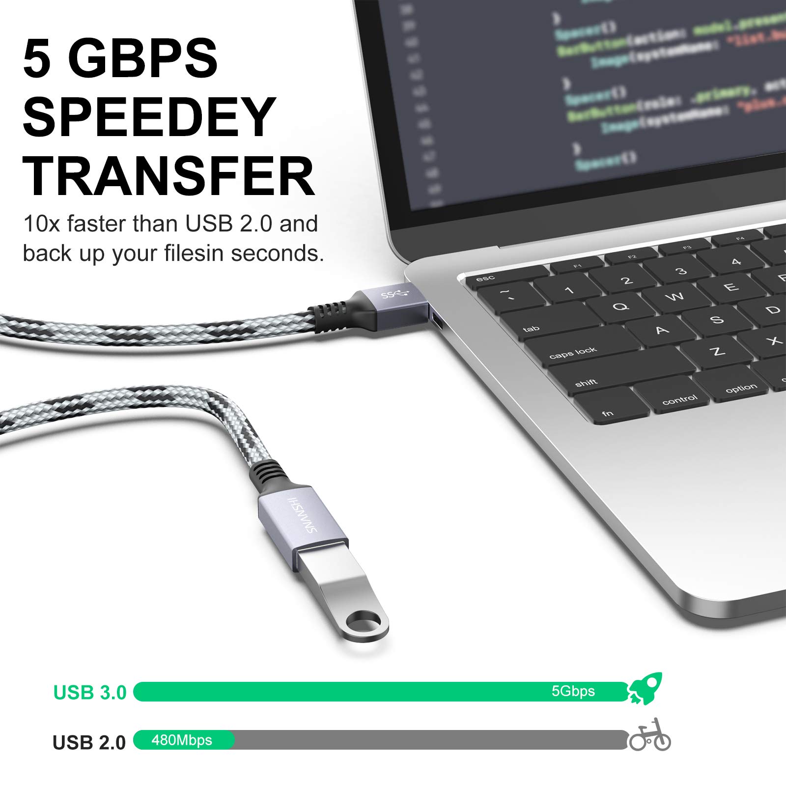 SNANSHI USB Extension Cable 1 ft Short USB 3.0 Extension Cable [Aluminum Shell, Nylon Braided] USB Extension Heavy Duty USB Extension Cord USB Male to Female Short USB Extender - 2PACK