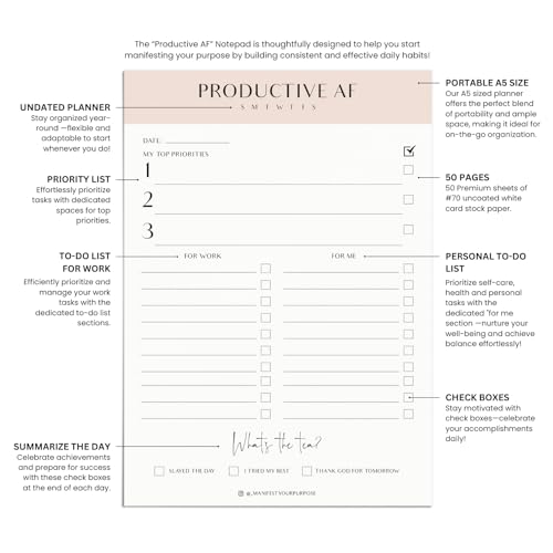 Manifest Your Purpose Productive AF Notepad, Daily Planner, Simple Pink Notepad, Organizer, To - Do Lists, Size A5, Undated Planner (50 Sheets),