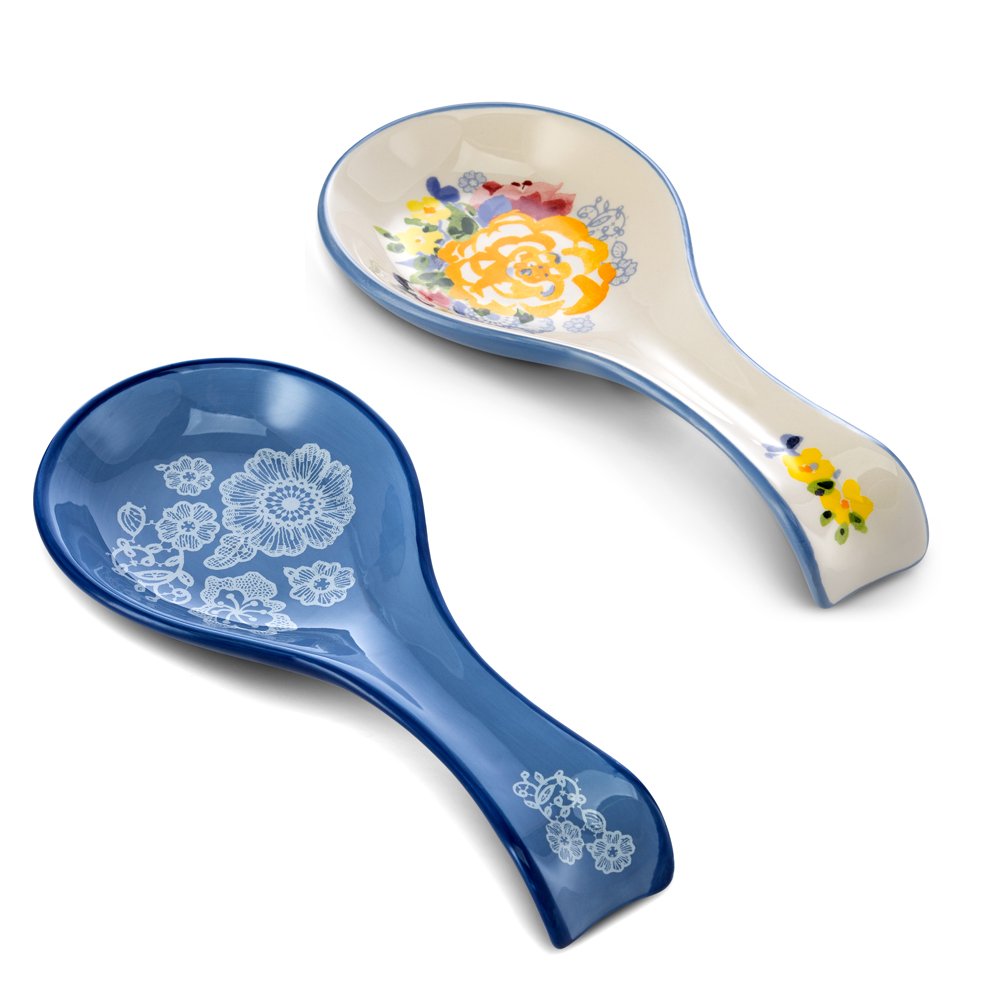 Spoon Rest, Ceramic Make, by Kook Spatula, Ladle, Utensil Holder, Dishwasher Safe for Stove Top, for Home and Coffee Bar Accessories, Set of 2 (Floral)