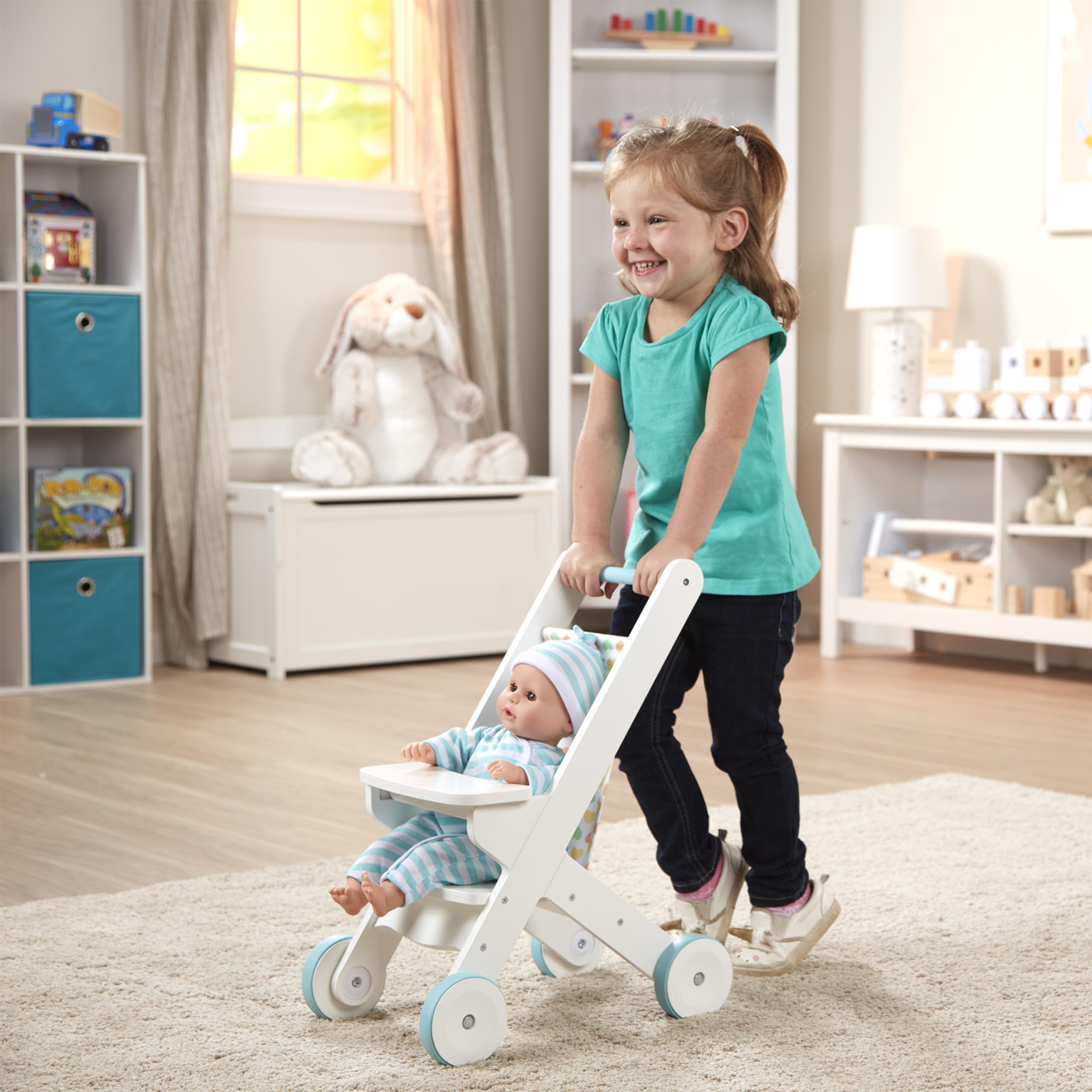 Melissa & Doug Mine to Love Wooden Play Stroller for Dolls-Stuffed Animals - White (18”H x 8”W x 11”D Assembled)