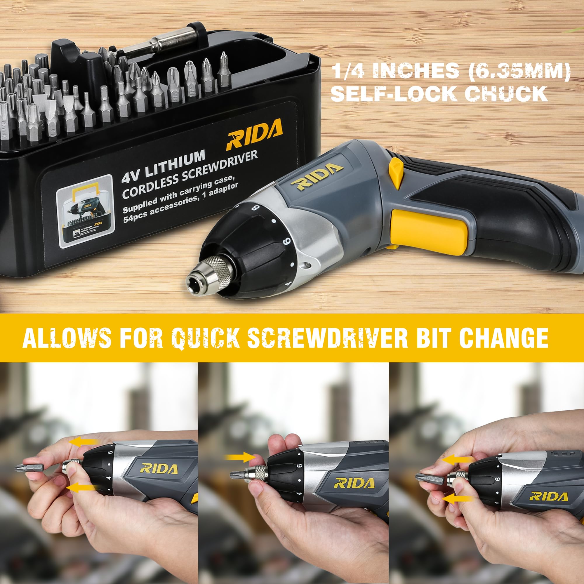 RIDA Cordless Screwdriver 4V Electric Screwdriver Rechargeable Screw Gun Kit w/10+1 Torque & 2 Position Handle, 3 LED work indicator & LED flashlight, 58pcs Accessories and Tool Box New Year presents