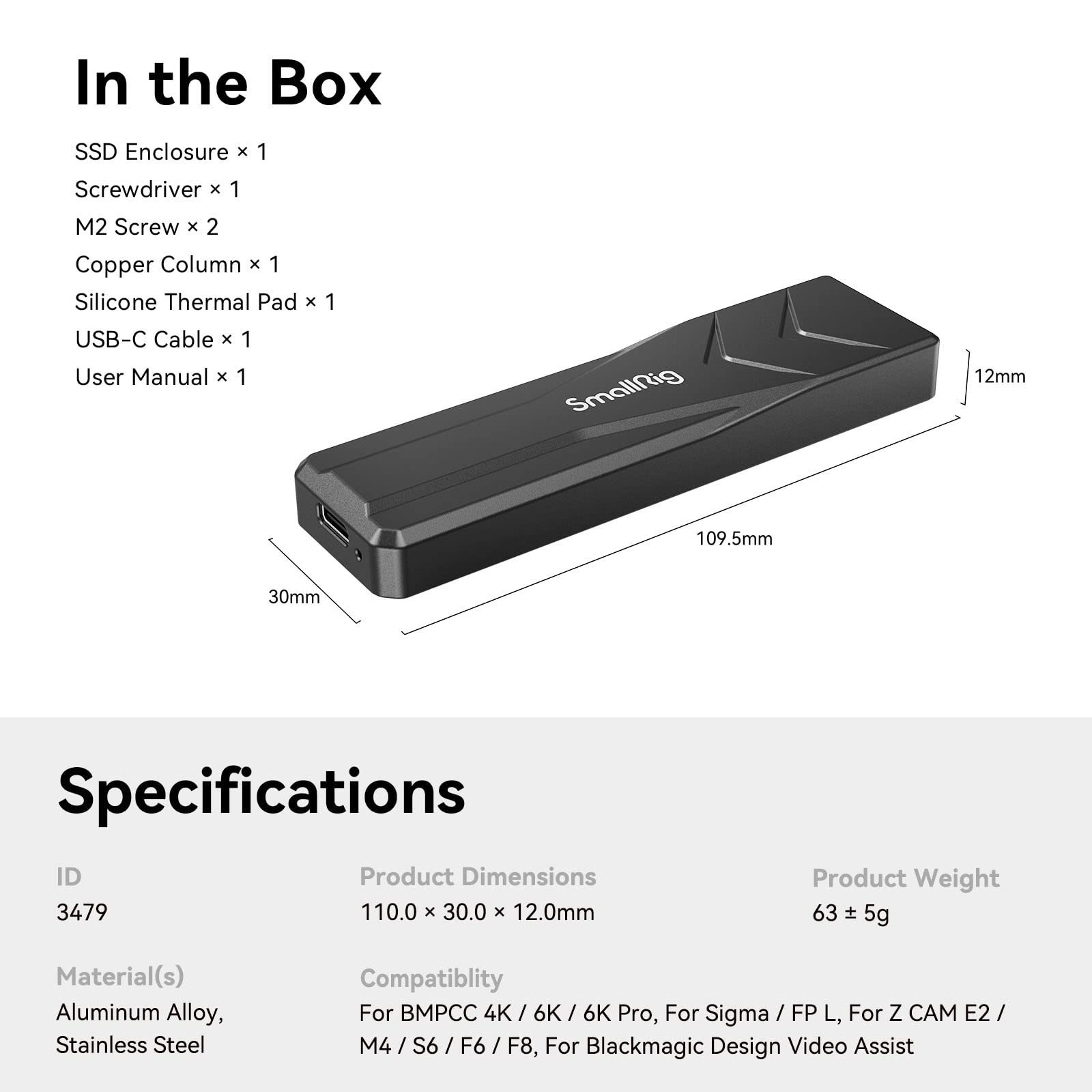 SmallRig M.2 SSD Enclosure NVME&SATA Dual-Protocol Enclosure SD-01 for Mac, Windows Linux, USB 3.1 Gen2 10Gbps, Compatible with Camera, Computer, Mobile Phones, Game Consoles - 3479