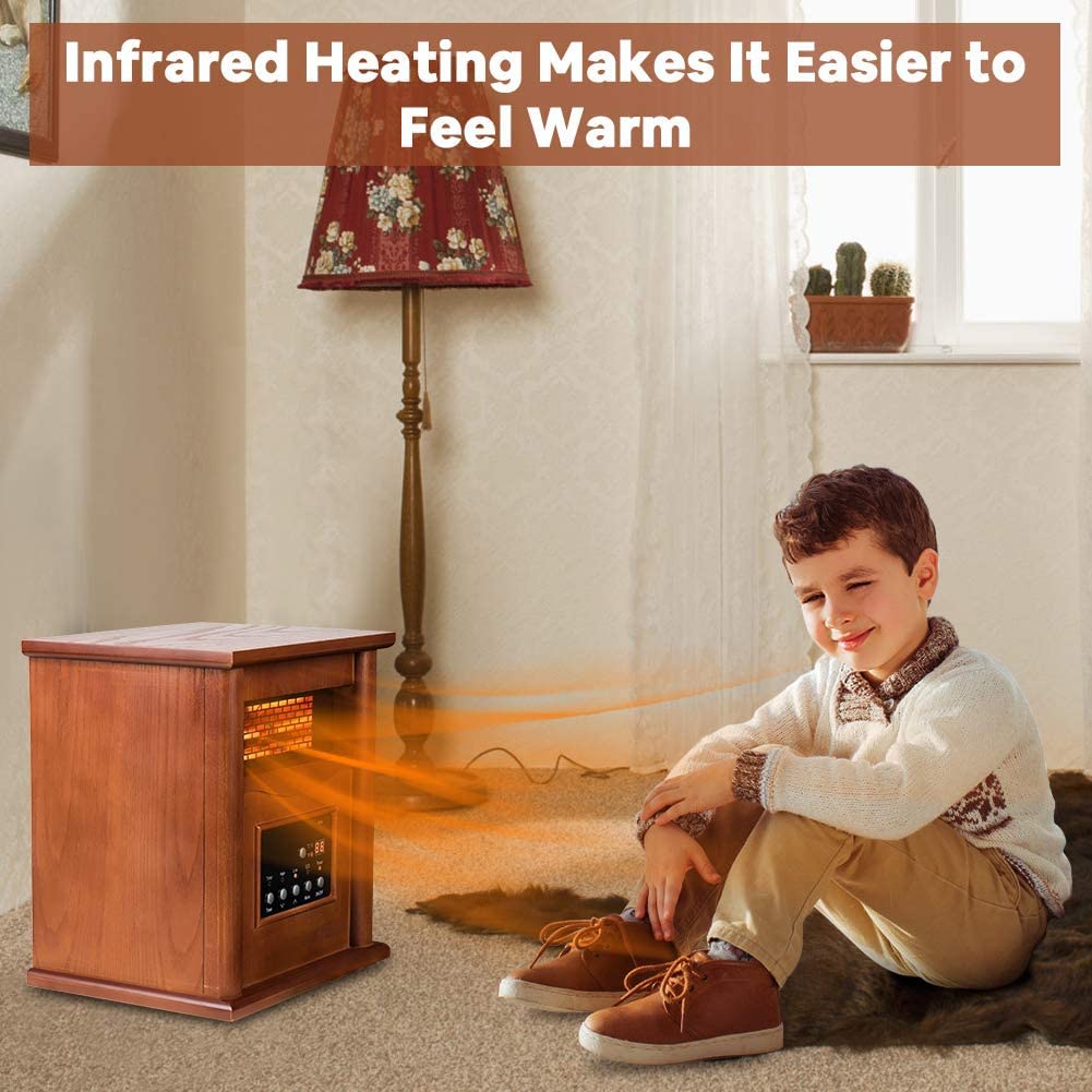 LifePlus Electric infrared Space Heaters for Indoor Room Use, 1500W Box Space Heater with Wood Frame, Remote Control and Timer, Multiple Security Protections, Nice for Living Room Home Office