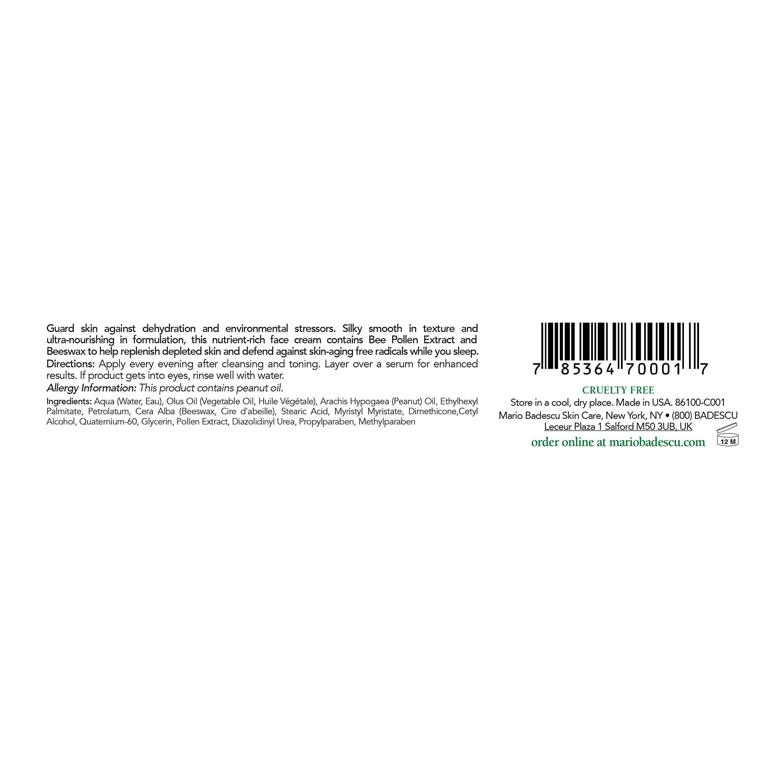 Mario Badescu Bee Pollen Night Cream for Women Anti Aging Overnight Face Cream Formulated with Smoothing Beeswax and Peanut Oil, Ideal for Combination, Dry or Sensitive Skin, 1 Oz