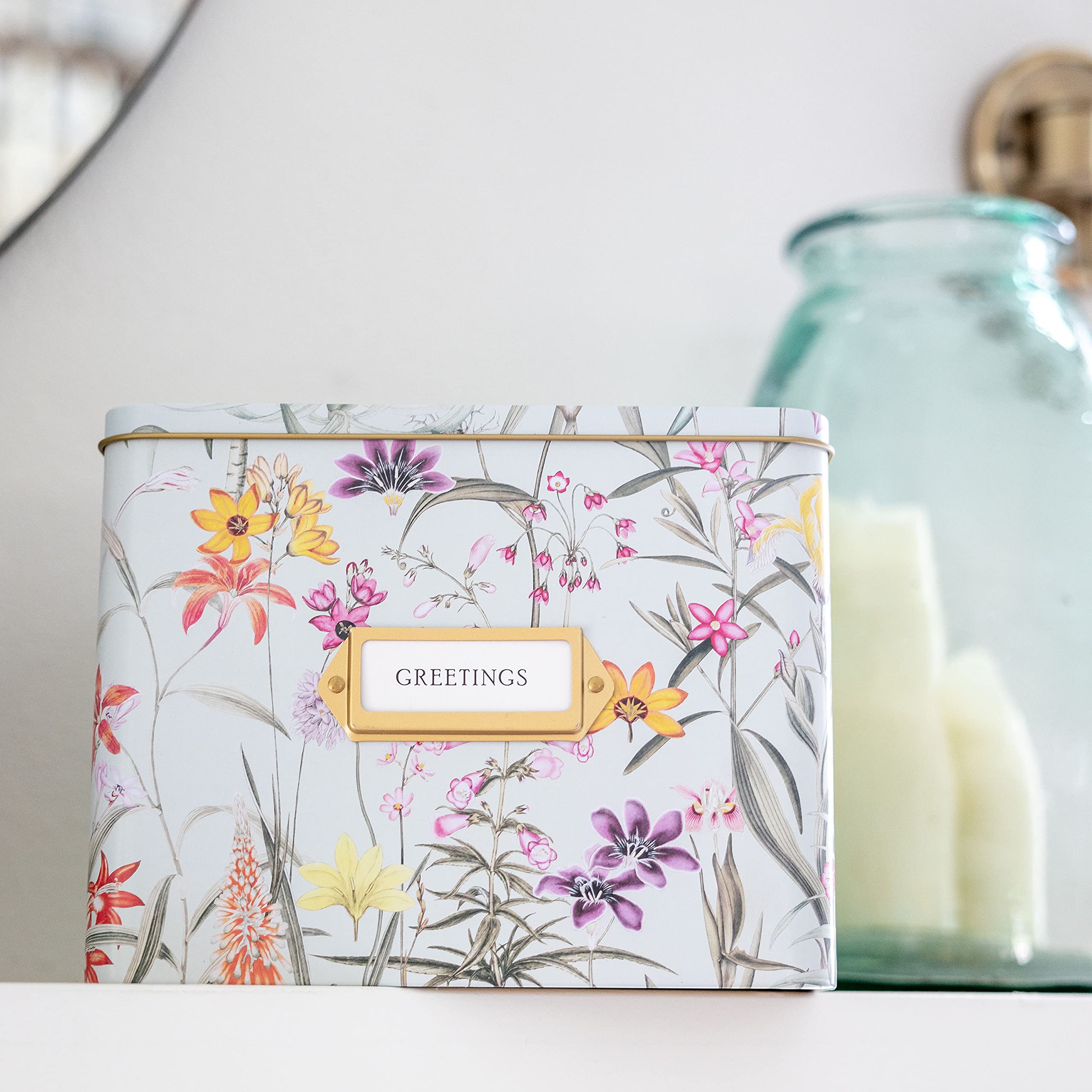 Vinca Blue Greeting Card Organizer and Storage Box with Dividers, Cards, and Envelopes | Greeting Card Keeper, Notecard Box, Birthday Card Organizer (Floral)