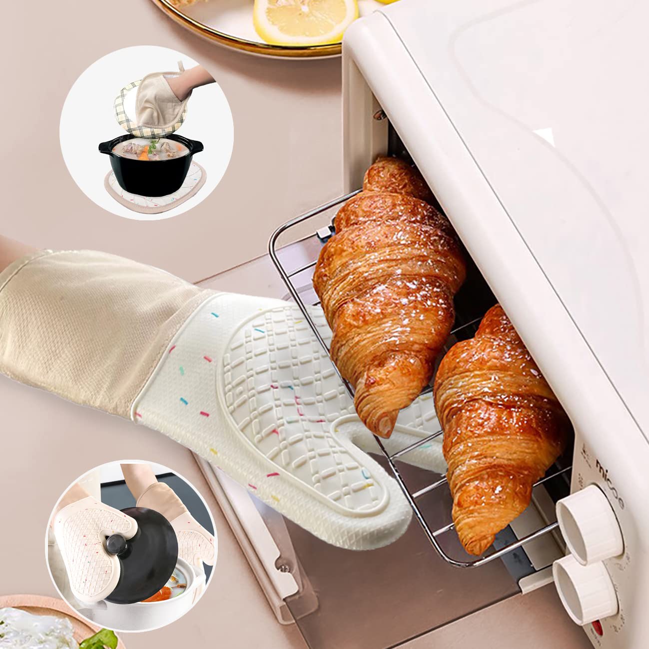 Oven Mitts and Pot Holders Sets 4Pcs Set, Lengthen High Heat Resistant Oven Glove Set, Waterproof Silicone Fashion Cute Microwave Gloves Safe for Baking,Cooking, BBQ