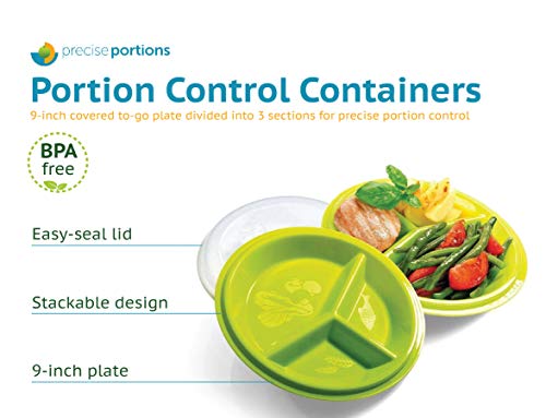 Precise Portions Portion Control Plate - Pack of four (4) 9 INCH 3-Section BPA-Free Nutrition Guidance Plates - with 4 Snap-Tight Vented Lids- for Weight Loss Store