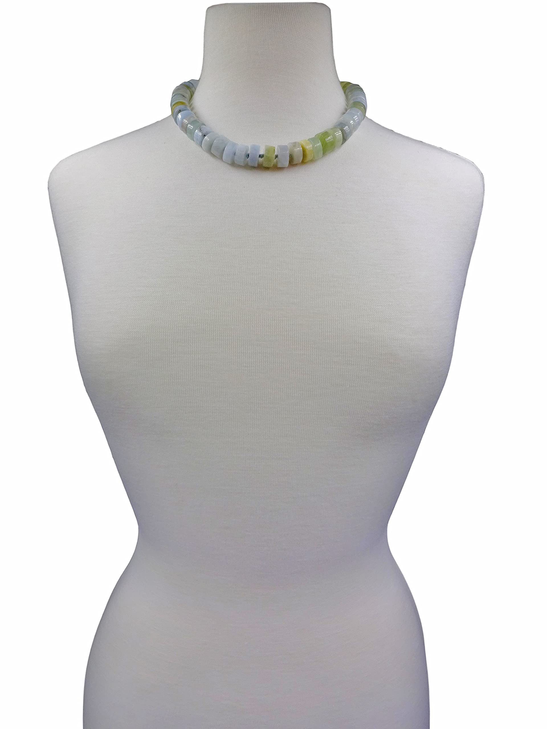 MGR MY GEMS ROCK! Beaded Button-Shape Aquamarine Statement Necklace. Non-Treated Aquamarine Stone Necklace. Collar Necklace, 18-19.50β Long.