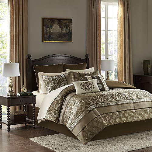 Madison Park - MPE10-796 Essentials Zara 16 Piece Jacquard Complete Bedding 2 Sheet Sets, King, Brown