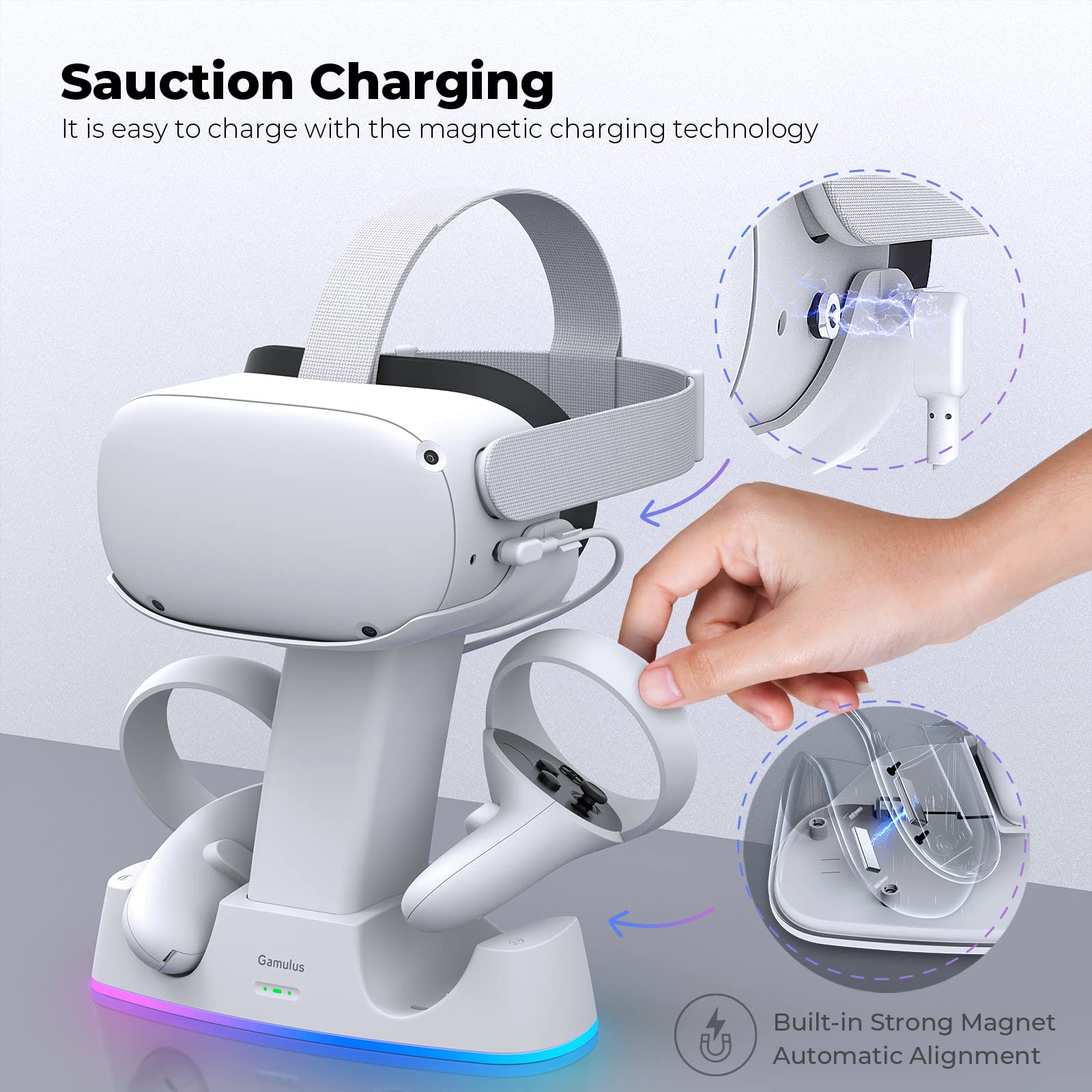 RGB Charging Dock & Stand Accessories for Meta-Quest 2, Magnetic Fast Charger Docking Station for VR Headset & Controllers , 2*2200mAh Rechargeable Batteries, 7*Modes Adjust Gaming Lighting Atmosphere