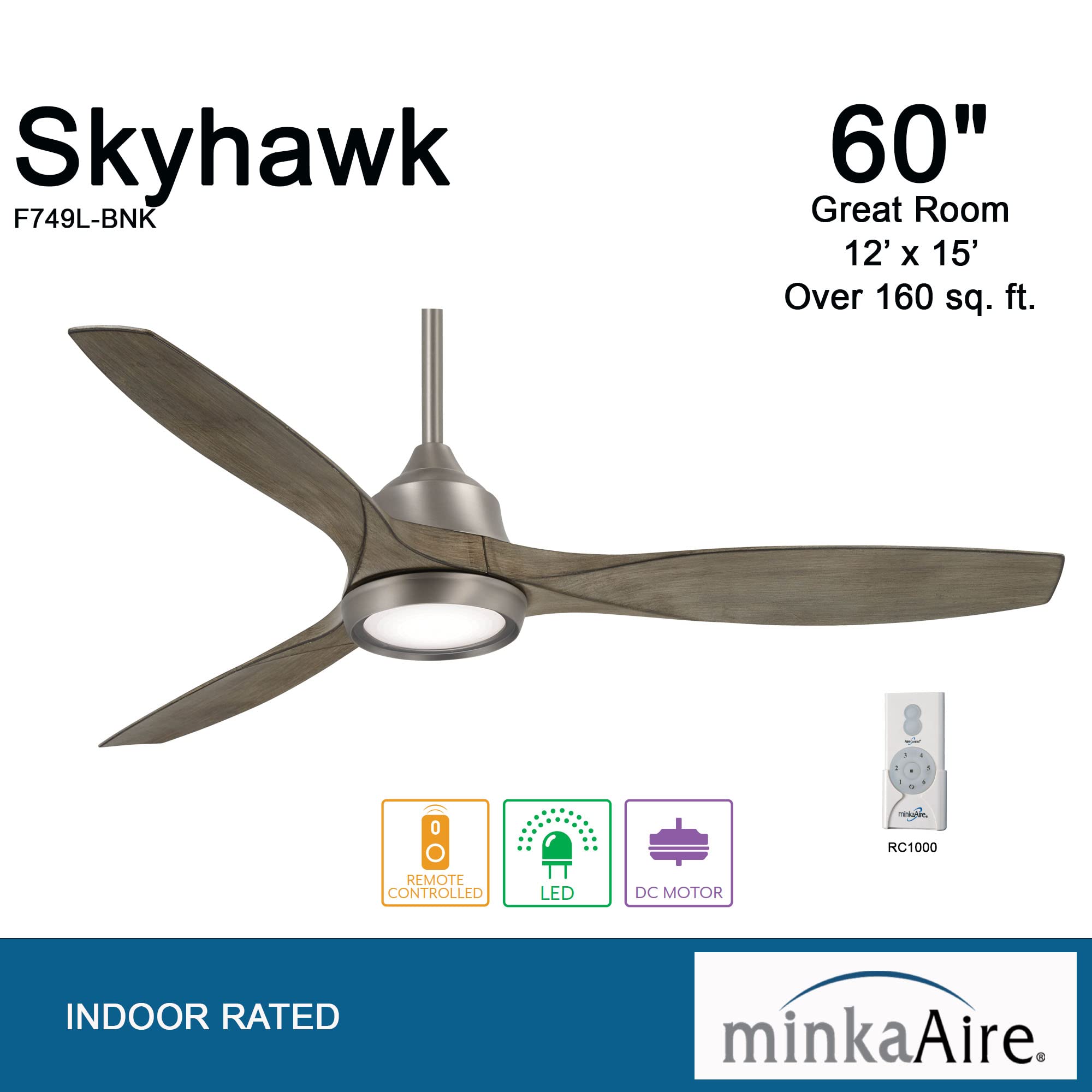 MINKA-AIRE F749L-BNK Skyhawk 60 Inch LED Ceiling Fan with Carved Wood Blades, Integrated LED Light and DC Motor in Burnished Nickel Finish