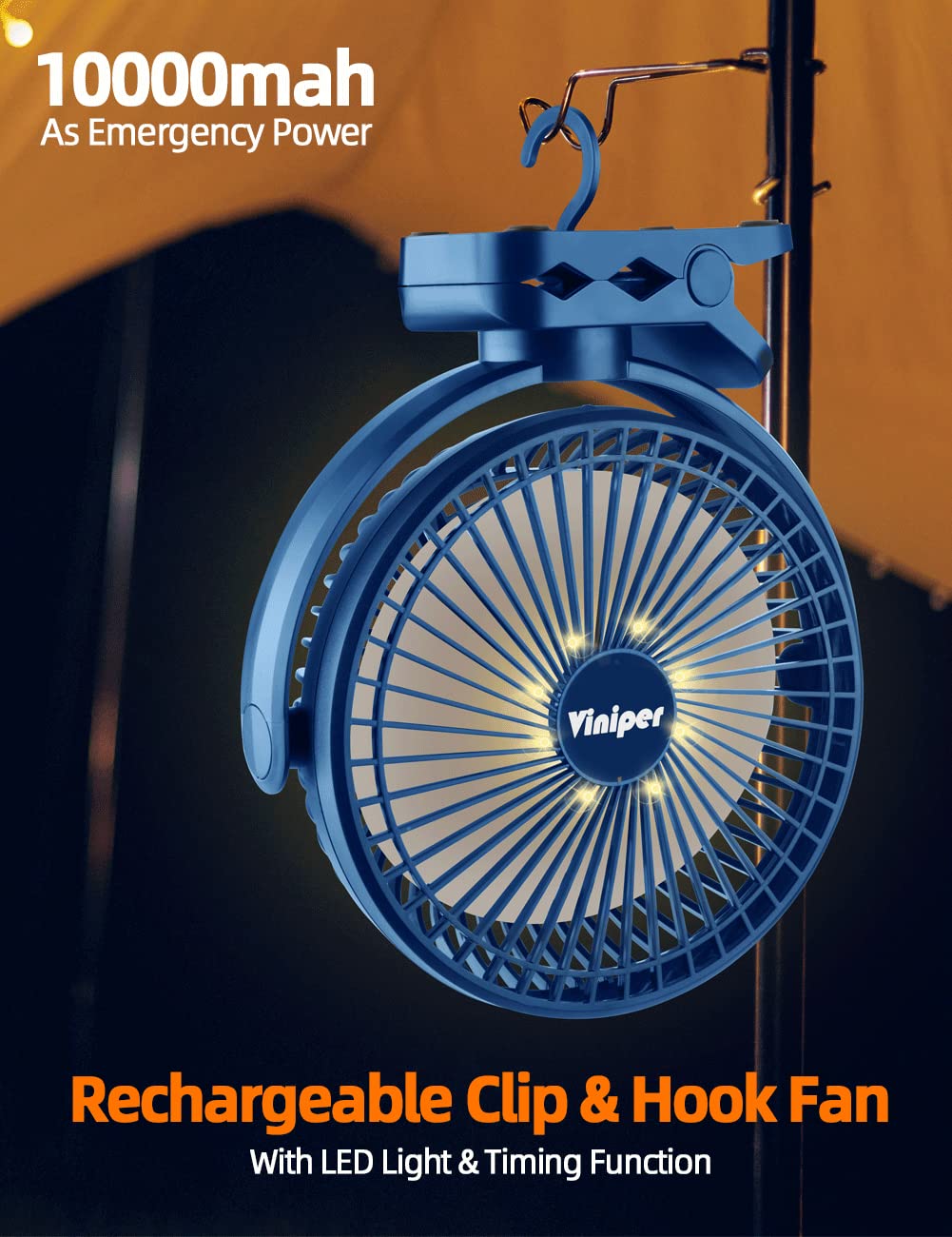 Viniper 8 inch Rechargeable Clip Fan with LED Light, 10000mah Battery Camping Hanging Fan with Timer : 360° Rotation, 3 Speeds, Tent Fan with Hanging Hook - Blue
