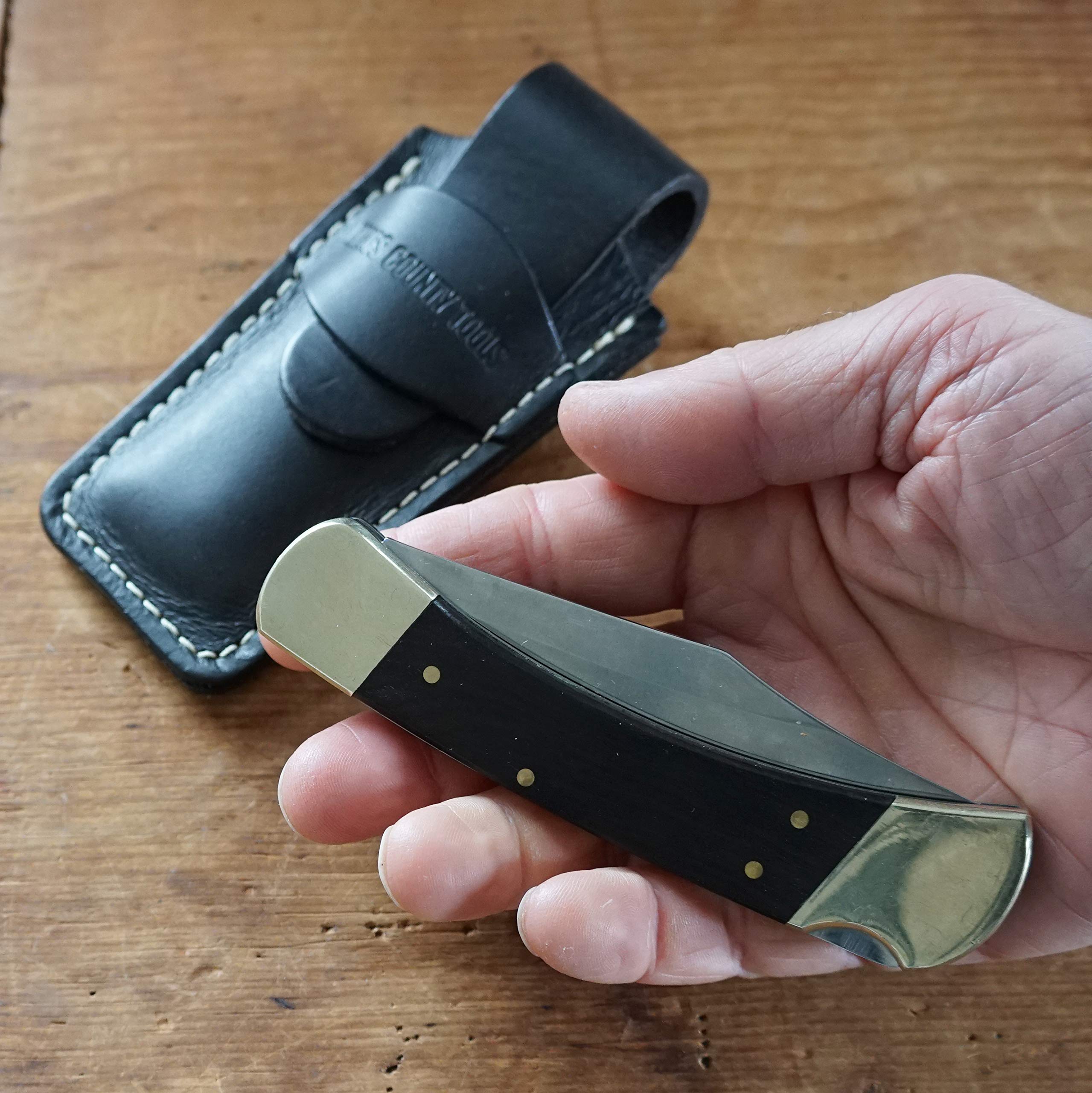 Kings County Tools Lock-Back Hunting Knife | USA Made Leather Sheath | 3-3/4” Long Blade | Total Open Length of 8-3/4” | Sturdy and Compact | Integrated Belt Loop