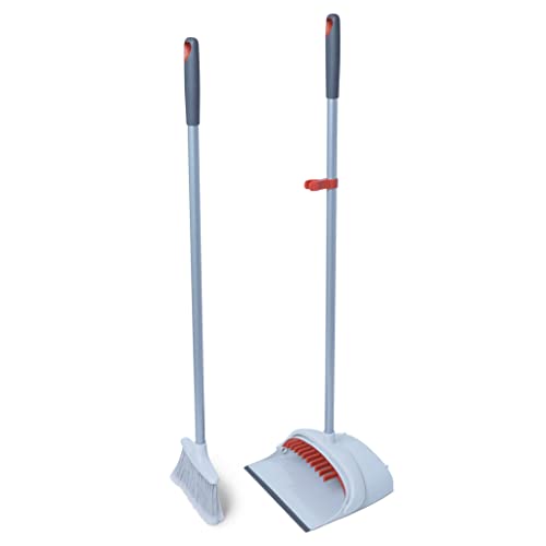 Smart Design Dustpan Broom Set - Non-Slip Comfort Grip Handle - Standing Upright Storage - Odor Resistant - Cleaning, Hardwood, Tile, Cement, Flooring and Pet Hair - 38.5 inch - Gray and Sunset Orange