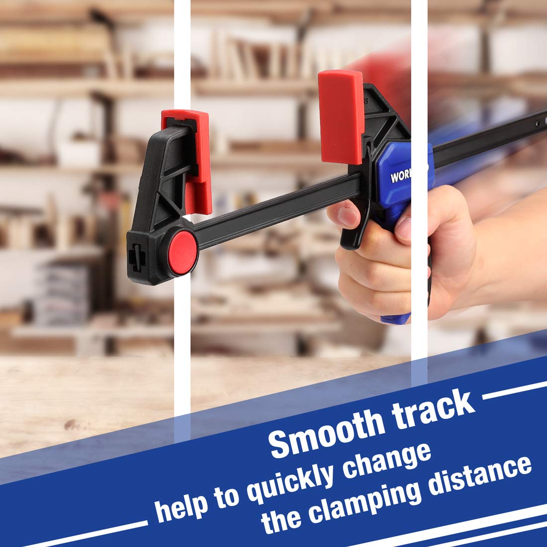 WORKPRO Mini Bar Clamps for Woodworking, 6"(2) and 4-1/2"(2), 4-Piece One-Handed Clamp/Spreader, Light-Duty Quick-Change F Clamp with 150lbs Load Limit Blue