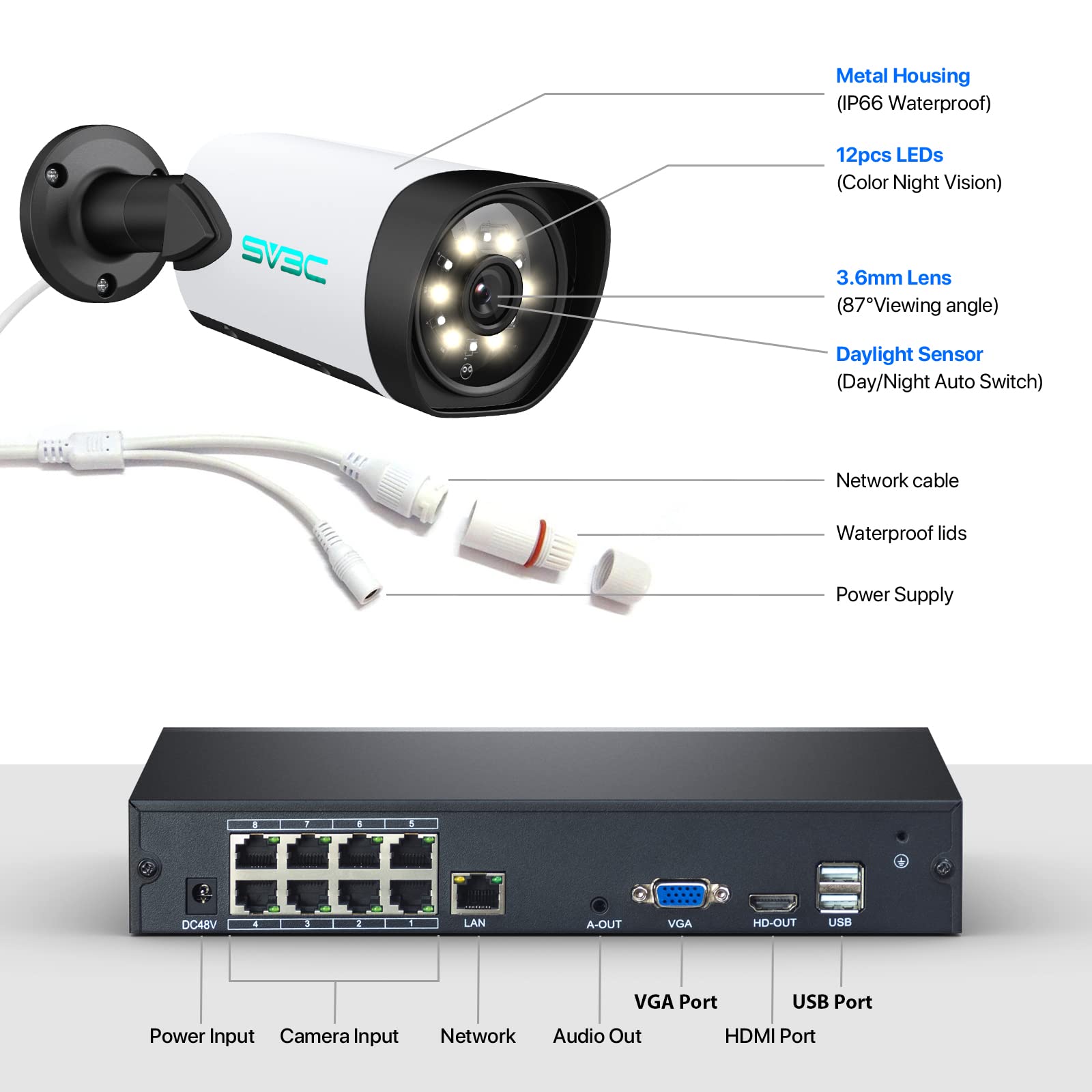 SV3C PTZ Security Camera Outdoor, Smart Motion Detection, IP66 Waterprood, Max Support 128gb SD Card, Color Night Vision, Two Way Audio