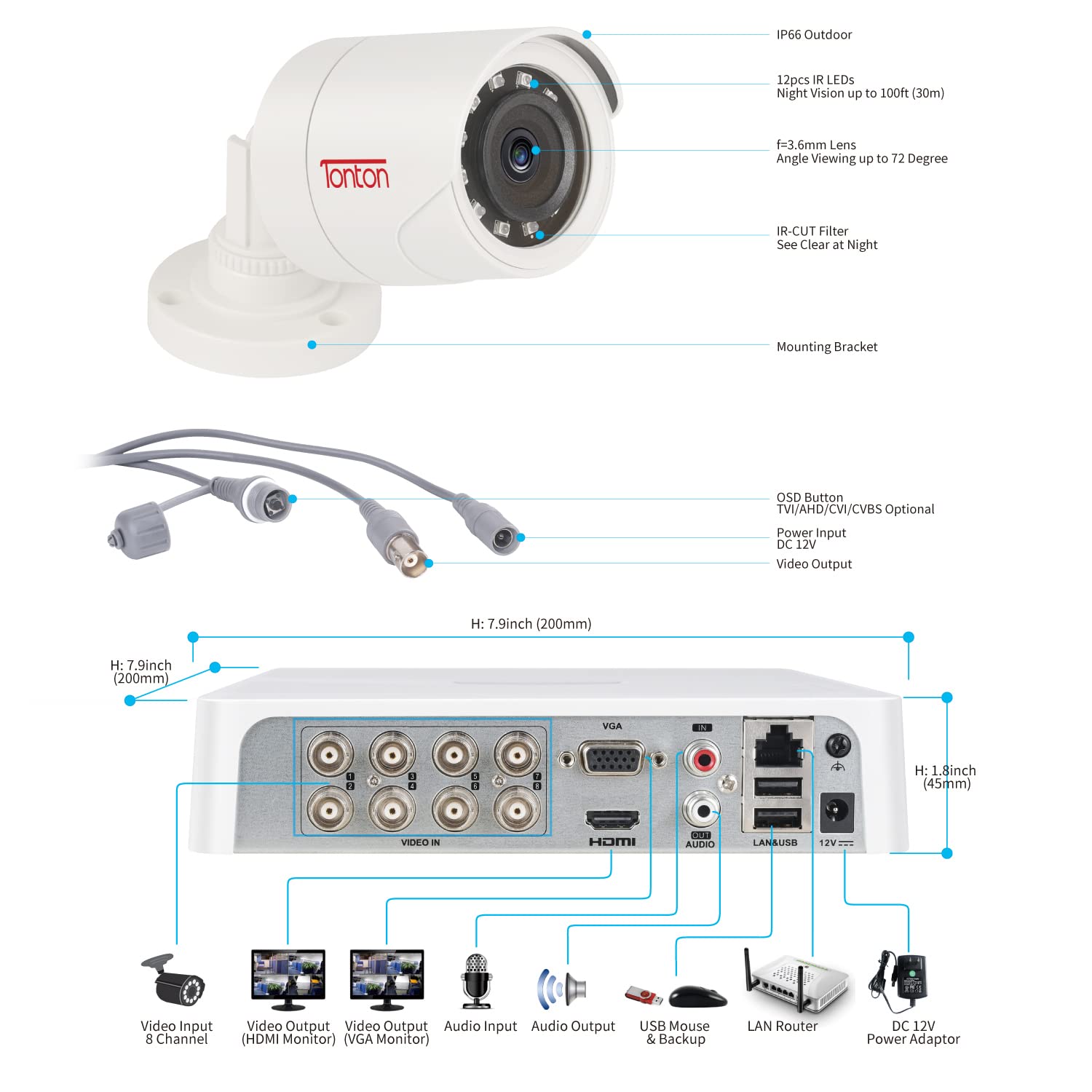 Tonton 5MP LITE Full HD Security Camera System,10 Channel Hybrid DVR Recorder with 1TB HDD and 6PCS 2MP Outdoor Bullet Cameras,Full Metal Housing,Free App&Email Motion Alerts,Easy Remote Viewing