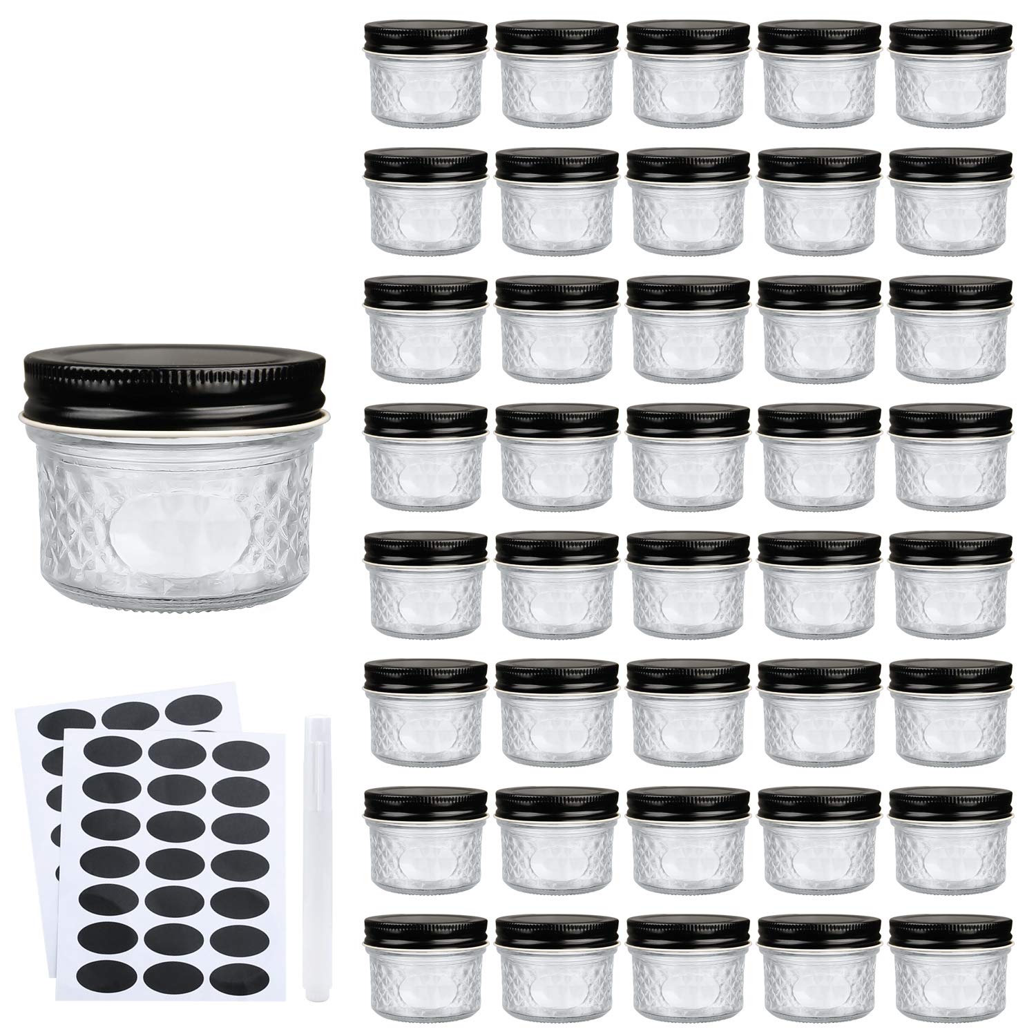 QAPPDA 4 oz Glass Jars With Lids(Black),Small Clear Canning Jars For Caviar,Herb,Jelly,Jams,Mini Wide Mouth Mason Jars Spice Jars For Kitchen Storage Preserving Food And Party Favors 40 Pack ……