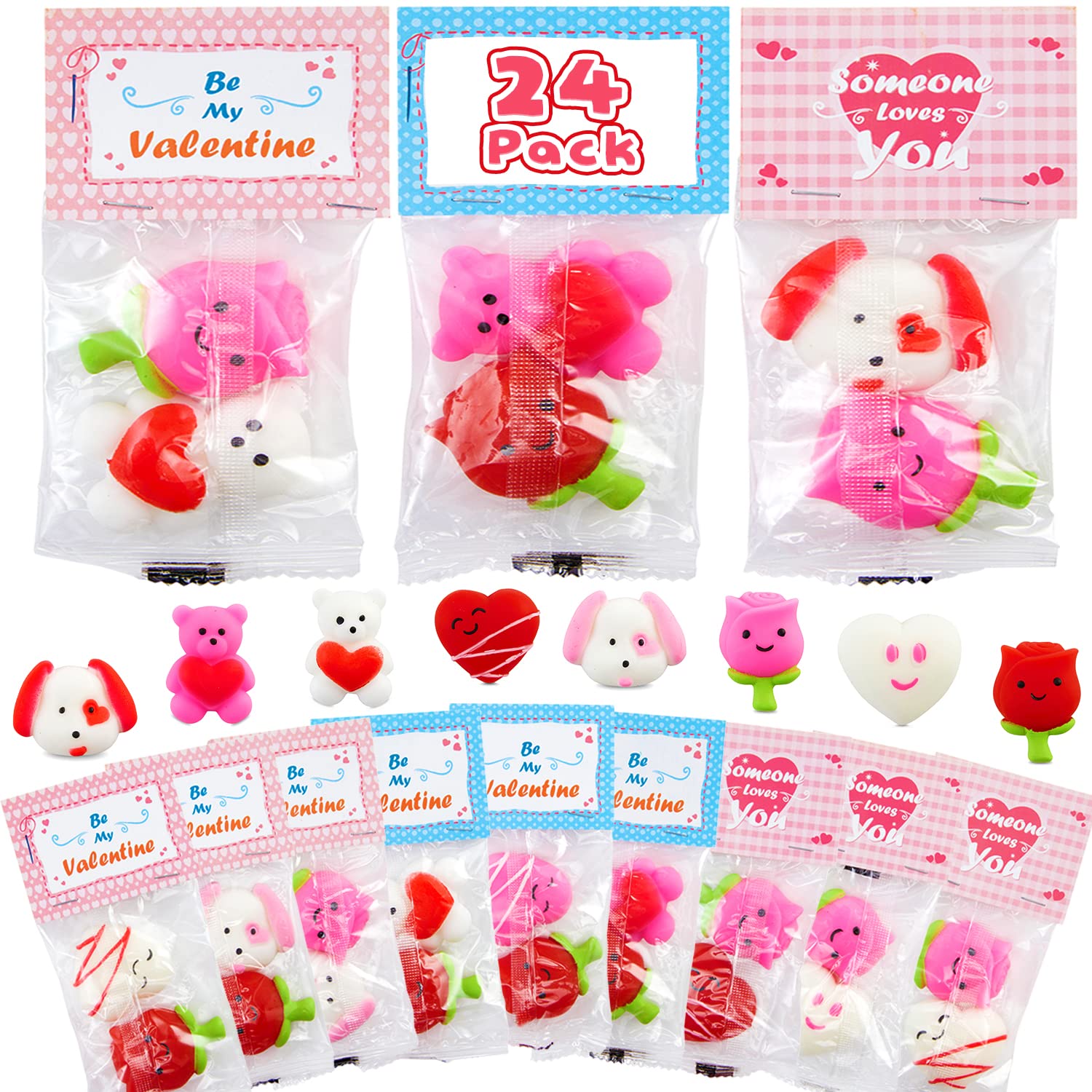 RGM CREATIONS Valentines Day Gifts for Kids Classroom - 48 Mochi Squishy Fidget Toys with 24 Adorable Valentine's Day Cards - Perfect for Classroom Exchanges and Party Favors