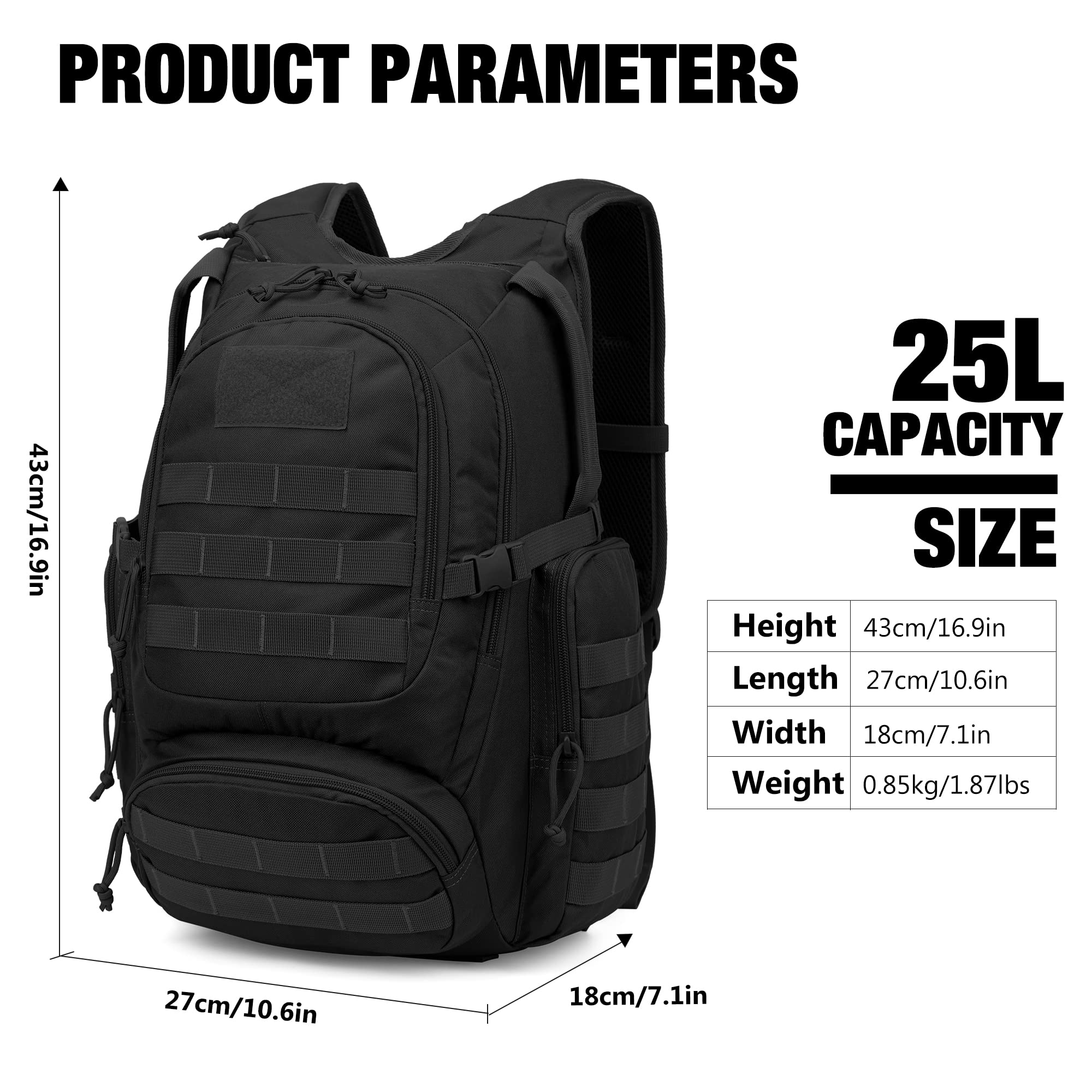 Mardingtop 25L Tactical Backpacks Molle Hiking daypacks for Camping Hiking Military Traveling Motorcycle Black