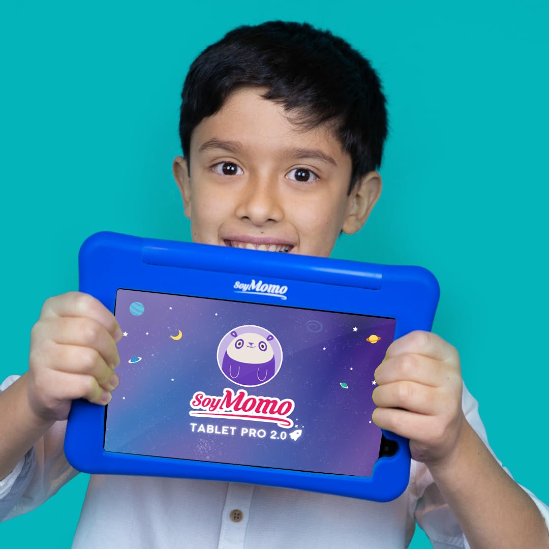 SoyMomo Anti-cyberbullying Tablet for Kids with Remote Parental Control App, WiFi, Bluetooth, 8” Screen, 64GB Memory, 4GB RAM, Camera, 5000 mHa, Extra Durable Silicone Case (Blue)