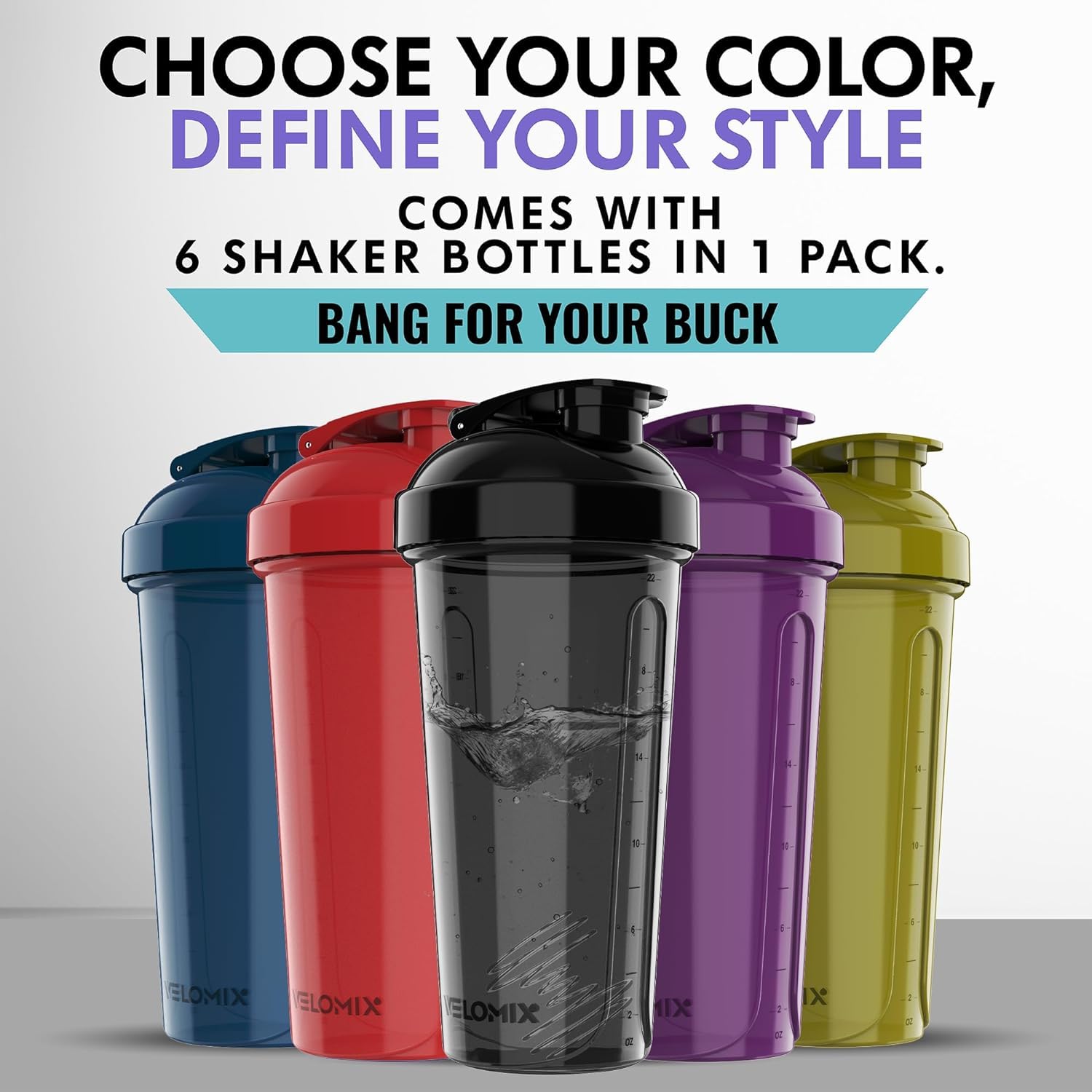VELOMIX -6 PACK- 28 OZ Protein Shaker Bottles for Protein Mixes, Shaker Cups for Protein Shakes, Shaker Bottle Pack, Shakers for Protein Shakes, Shaker Cup, Protein Shake Bottles(28 OZ - 6PACK)