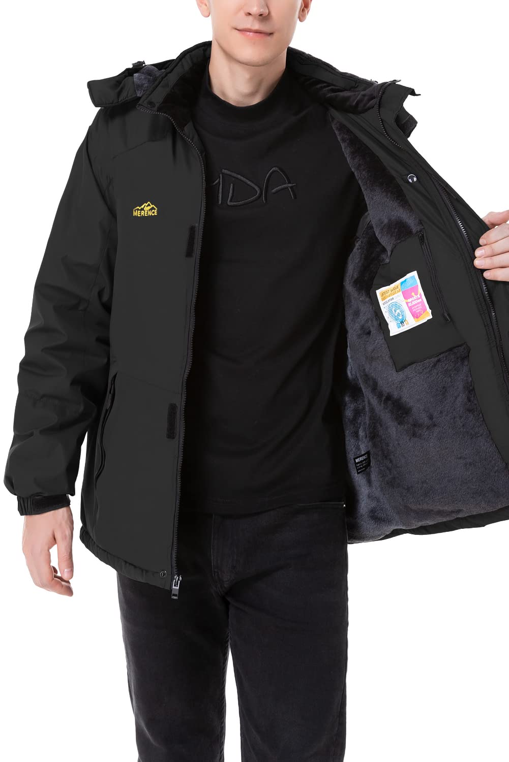 Men's Mountain Waterproof Ski Jacket Windproof Rain Jacket Winter Warm Snow Coat II with Removable Hood U120WCFY028,Black,M