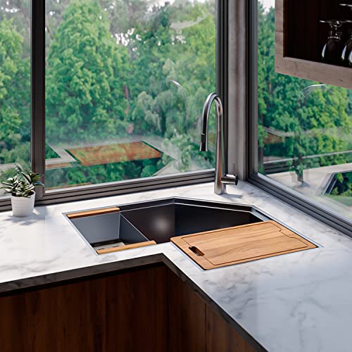 Strictly Sinks 30 Inch Corner Kitchen Sink Undermount– 16 Gauge Stainless Steel Butterfly Sink Undermount, Scratch & Stain Resistant Corner Single Bowl Workstation Sink with Accessories (Black)
