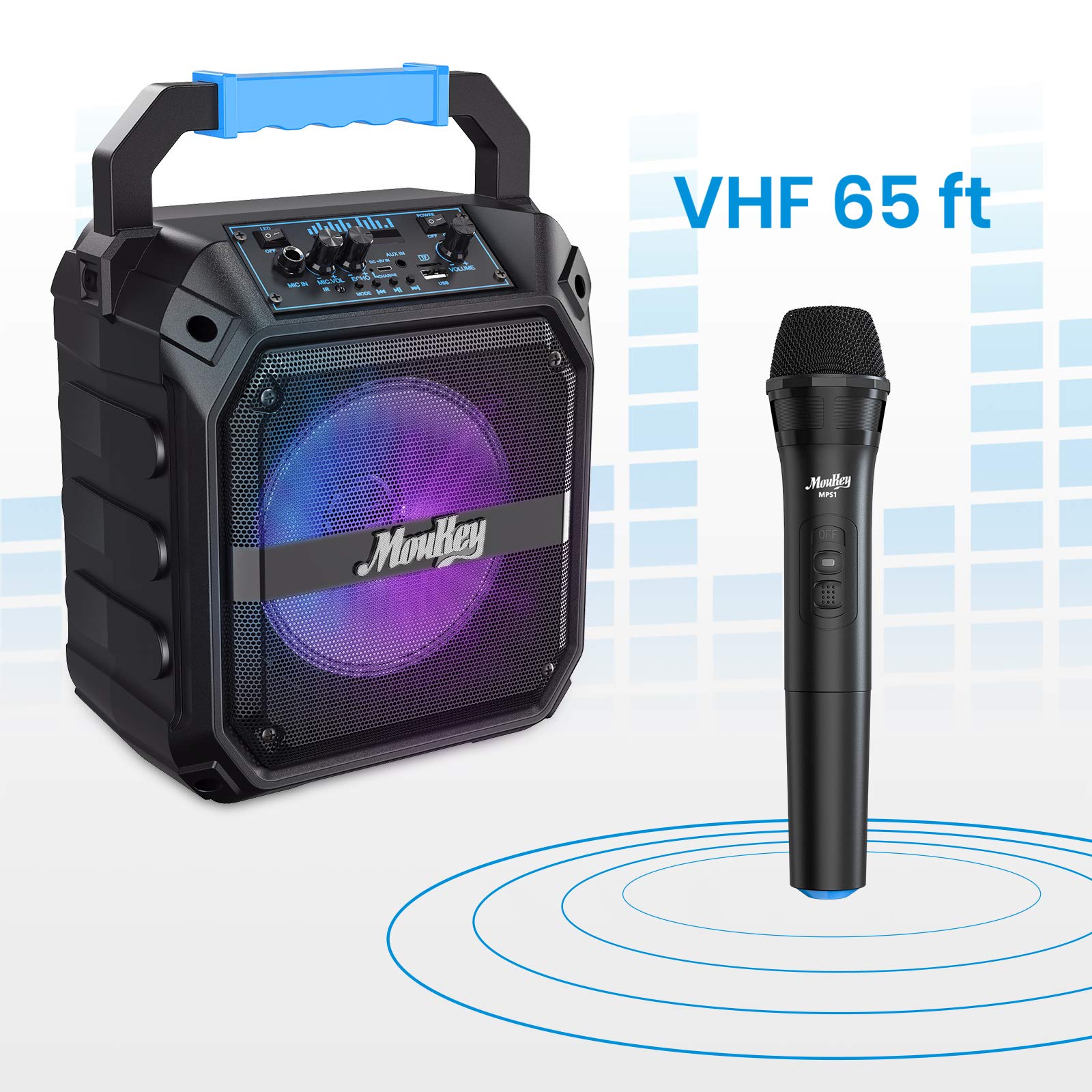 Moukey Karaoke Machine Speaker with Microphone - Bluetooth Portable PA Stereo System with 6.5'' Speaker, Wireless Mic, DJ Lights, FM Radio, Remote Control, Rechargeable, Supports TF Card/USB - MPS1