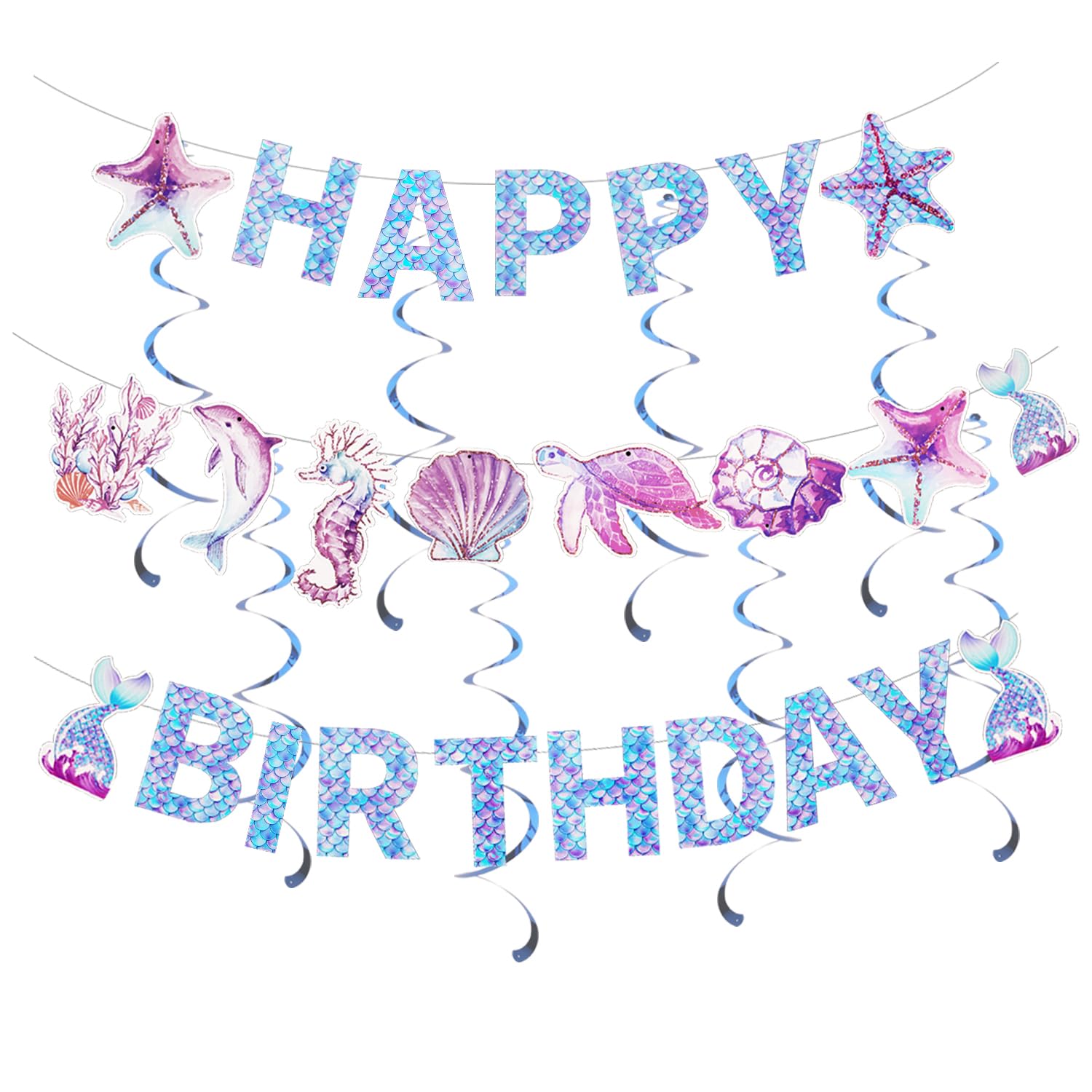 Mermaid Happy Birthday Banner, Colorful Mermaid Birthday Decorations Happy Birthday Banner Set Apply to Party Favor Supplies Decorations