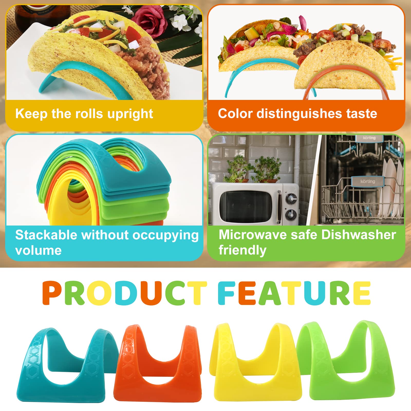 Qfeley 36 Pack Taco Holder Stands Plastic Colorful Taco Tray Plate Racks Hard Plastic Taco Shell Rack Party Serving Tray Set for Tortillas Burritos(Green/Red/Yellow/Blue) Dishwasher & Microwave Safe