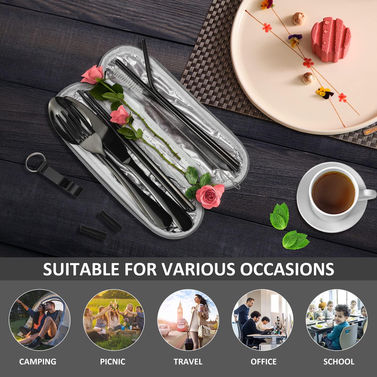 Portable Travel Silverware Set with Case, Reusable Camping Eating Utensils Set, Stainless Steel Cutlery Set for 1, Knife Fork Spoon Chopsticks (9 pieces black)