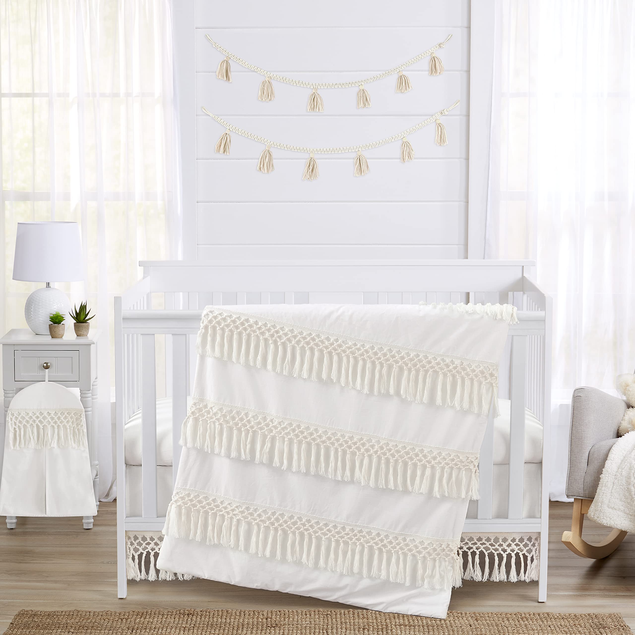 Sweet Jojo Designs Ivory Gender Neutral Bohemian Boho Baby Girl Boy Nursery Crib Bedding Set Solid Color Beige Cream Off White Chic Unisex Farmhouse Minimalist Macrame Trim Tassel Fringe Cotton - 4pc