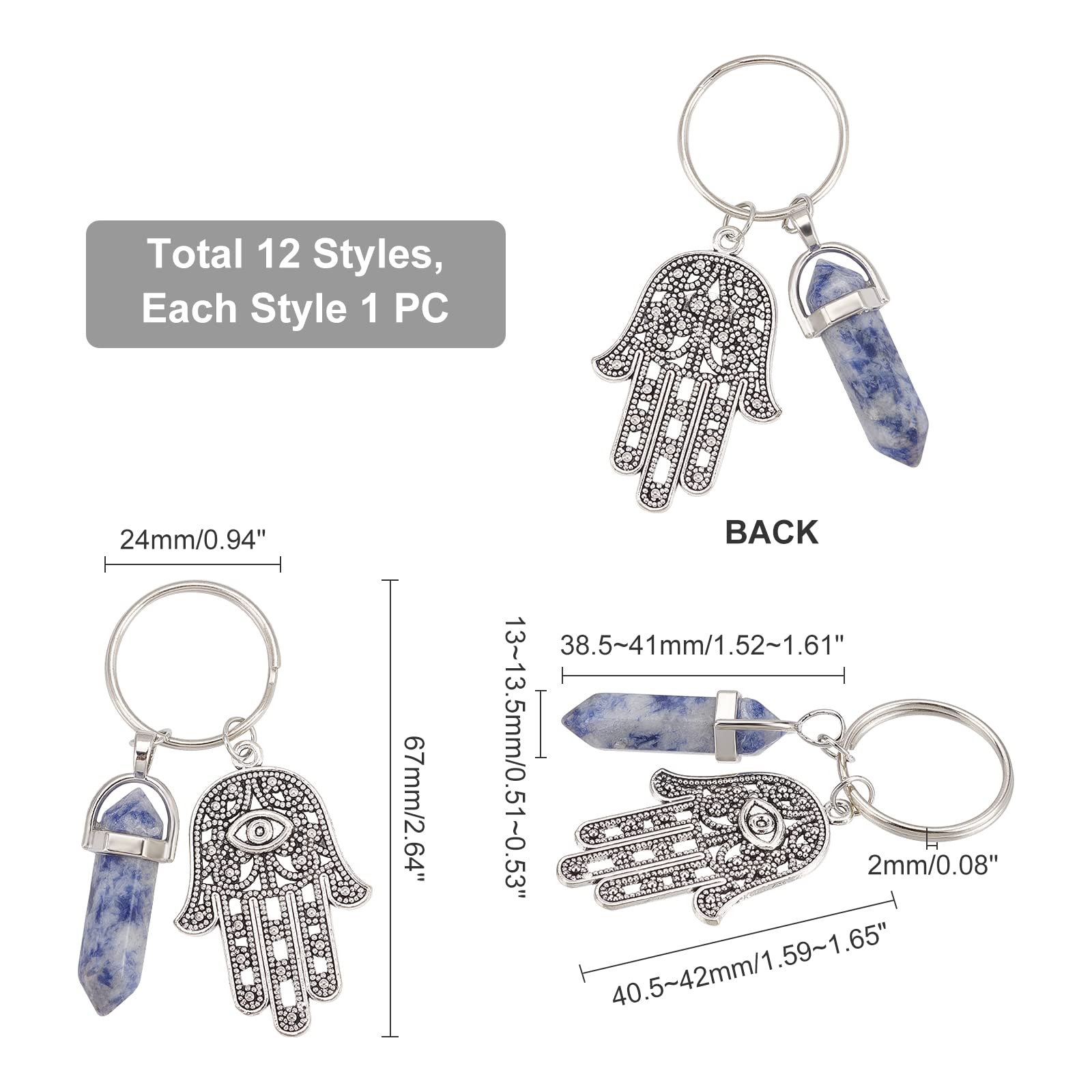 PH PandaHall 12pcs Hamsa Hand Keychains 12 Style Evil Eye Keychain with Crystal Stone Hexagonal Gemstone Lucky Charm Keychain for Wrislet Keychain Necklace Birthday Gift Bag Car Decoration