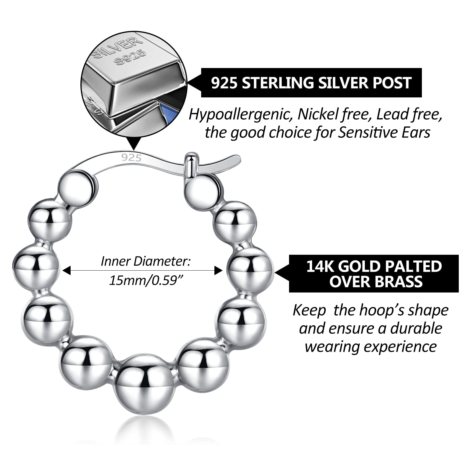 Nupdot Chunky Silver Hoop Earrings for Women | Thick 925 Sterling Silver Post Beaded Ball Huggies Earrings Lightweight Hypoallergenic Hoops Jewelry Gifts. 15mm