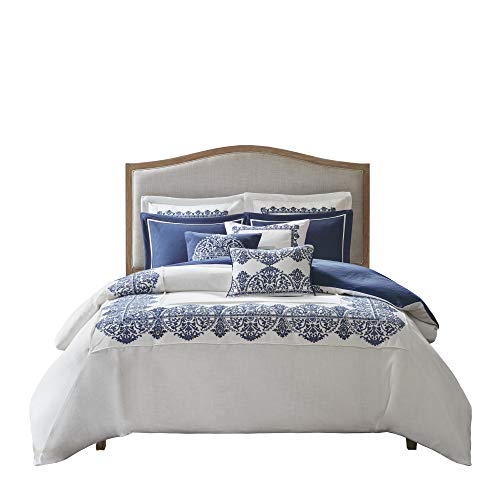 Madison Park Signature Cozy Comforter Set - All Season Bedding Combo Filled Insert and Removable Duvet Cover, Shams, Decorative Pillows, Queen (92 in x 96 in), Bohemian Blue 9 Piece