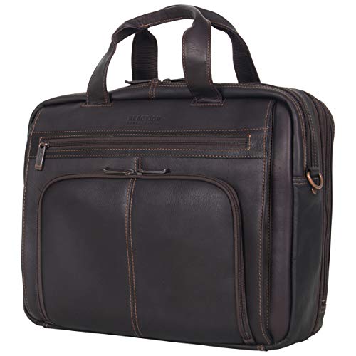 Kenneth Cole Reaction Full-Grain Colombian Leather Briefcase Expandable RFID 15.6" Laptop Computer Business Portfolio Shoulder Bag, Brown