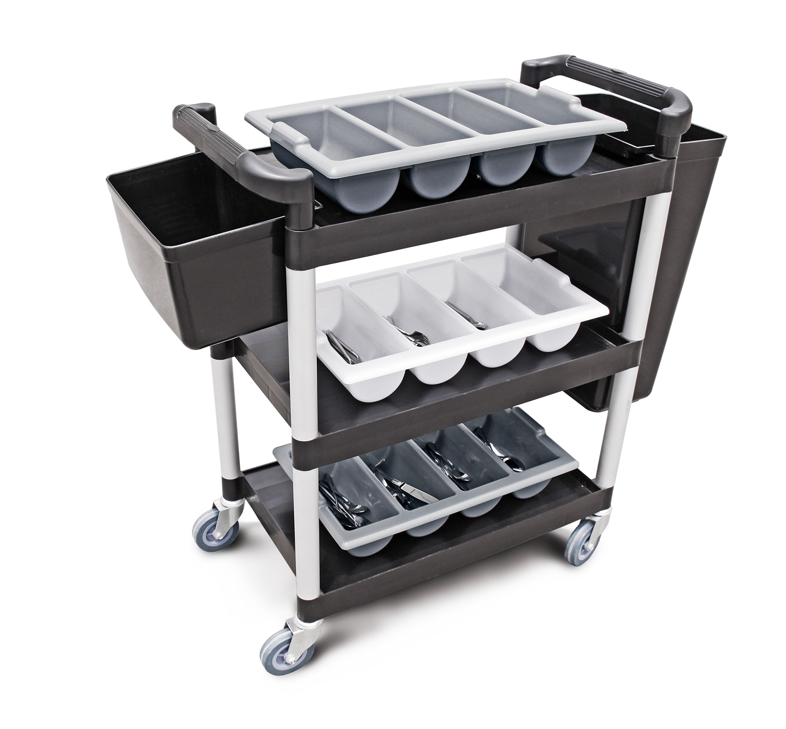 New Star Foodservice 54538 250-Pound Plastic 3-Tier Utility Bus Cart with Locking Casters, 32" x 16" x 38", Black