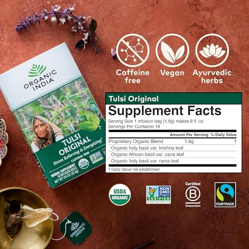 Organic India Tulsi Original Herbal Tea - Holy Basil, Stress Relieving & Energizing, Immune Support, Adaptogen, Vegan, USDA Certified Organic, Non-GMO, Caffeine-Free - 18 Infusion Bags, 3 Pack