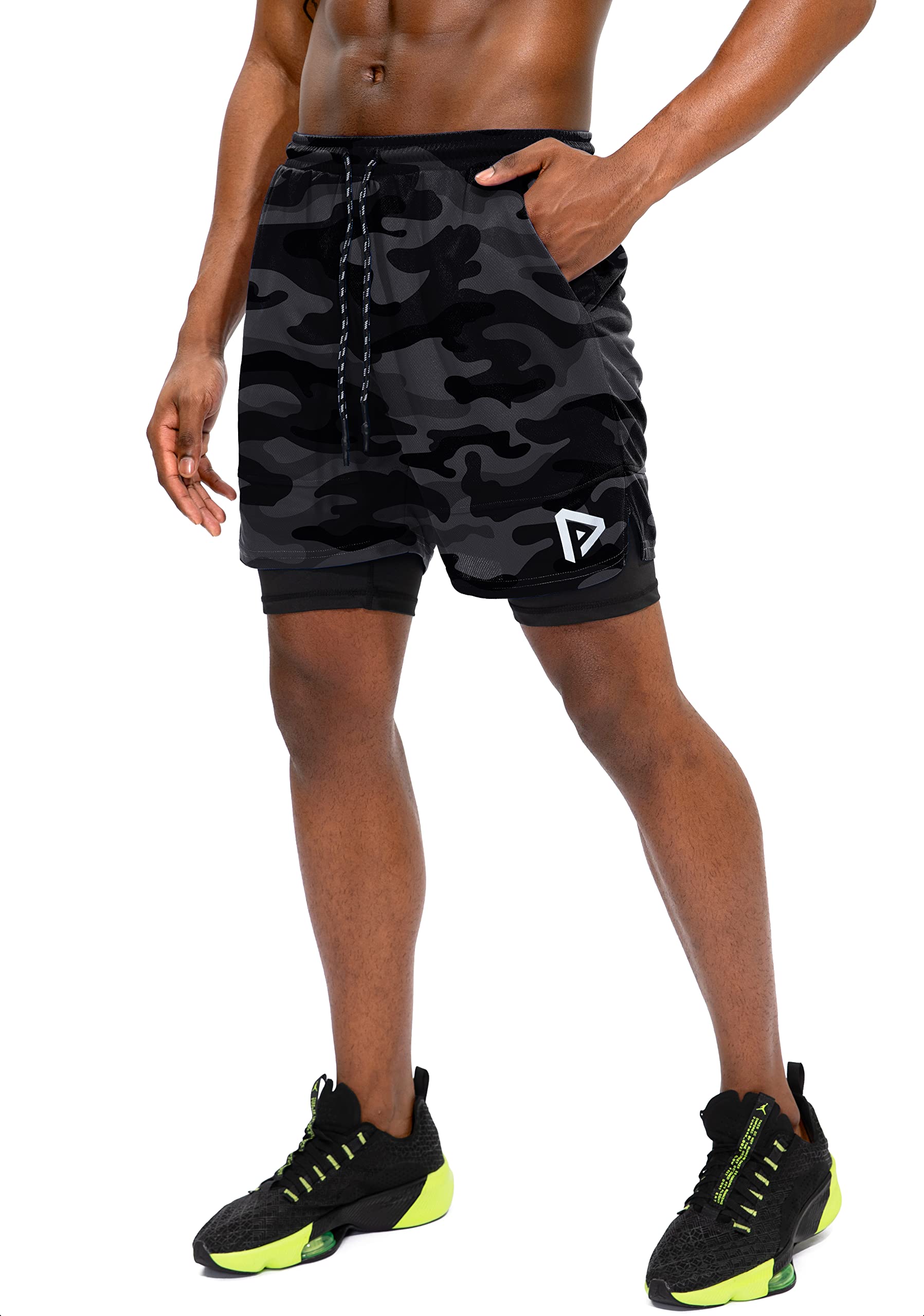 Pinkbomb Men's 2 in 1 Workout Running Shorts with Phone Pocket Quick Dry Athletic Gym Shorts for Men with Zippered Pocket Grey Camo