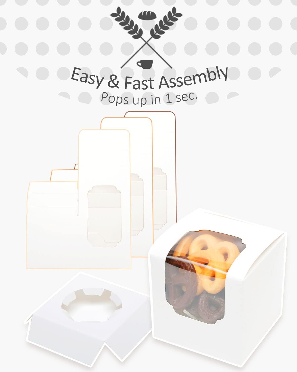 qiqee 100pcs Auto-Popup Mini Cupcake Boxes Individual White 2.5" x 2.5" x 2.5" Single Cupcake Carrier Container for Wedding Favor Birthday & Party(Mini Size)